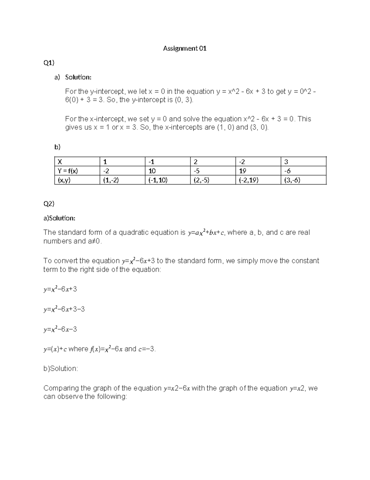 Mth101 - mmm - Assignment 01 Q1) a) Solution: For the y-intercept, we ...
