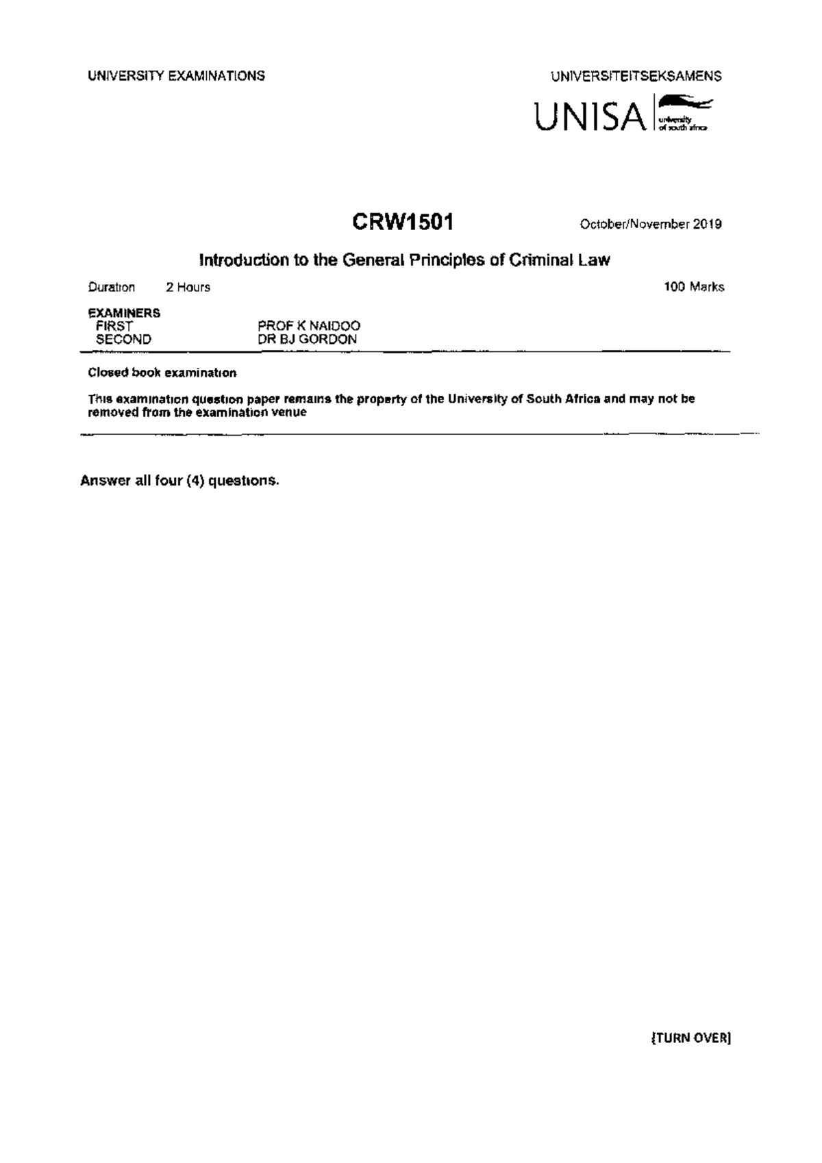 CRW1501 2019 10 Exam physical 2019 end of year - CRW1501 - Studocu