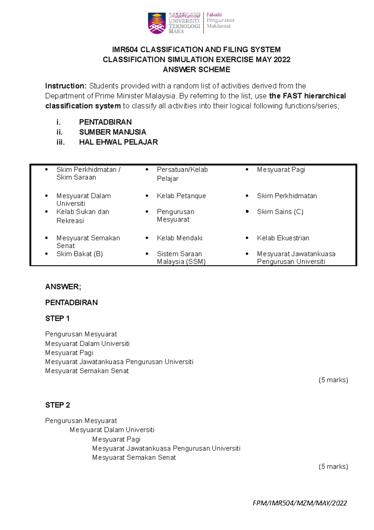 IMR504 Classification Simulation Exercise MAY 2022 Answer - IMR504 ...
