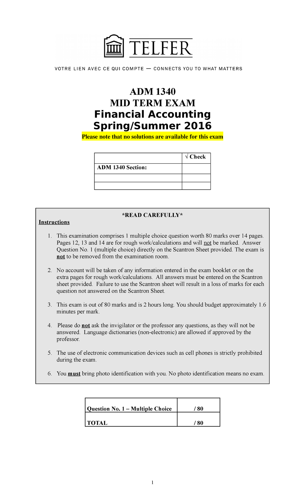 Final Exam 1340 Spring 2016 - ADM 1340 MID TERM EXAM Financial ...