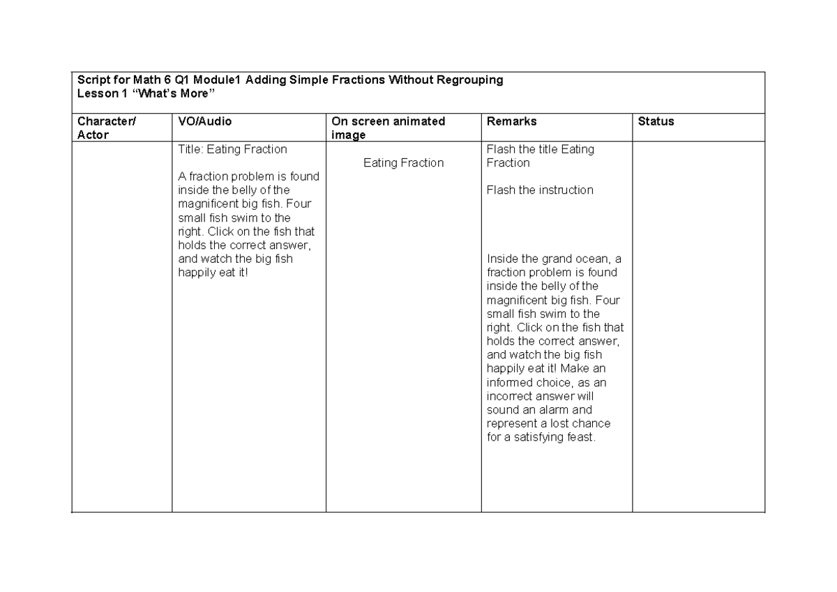 Script Q1 Module 1 Lesson 1 Gr - Script for Math 6 Q1 Module1 Adding Simple Fractions Without ...