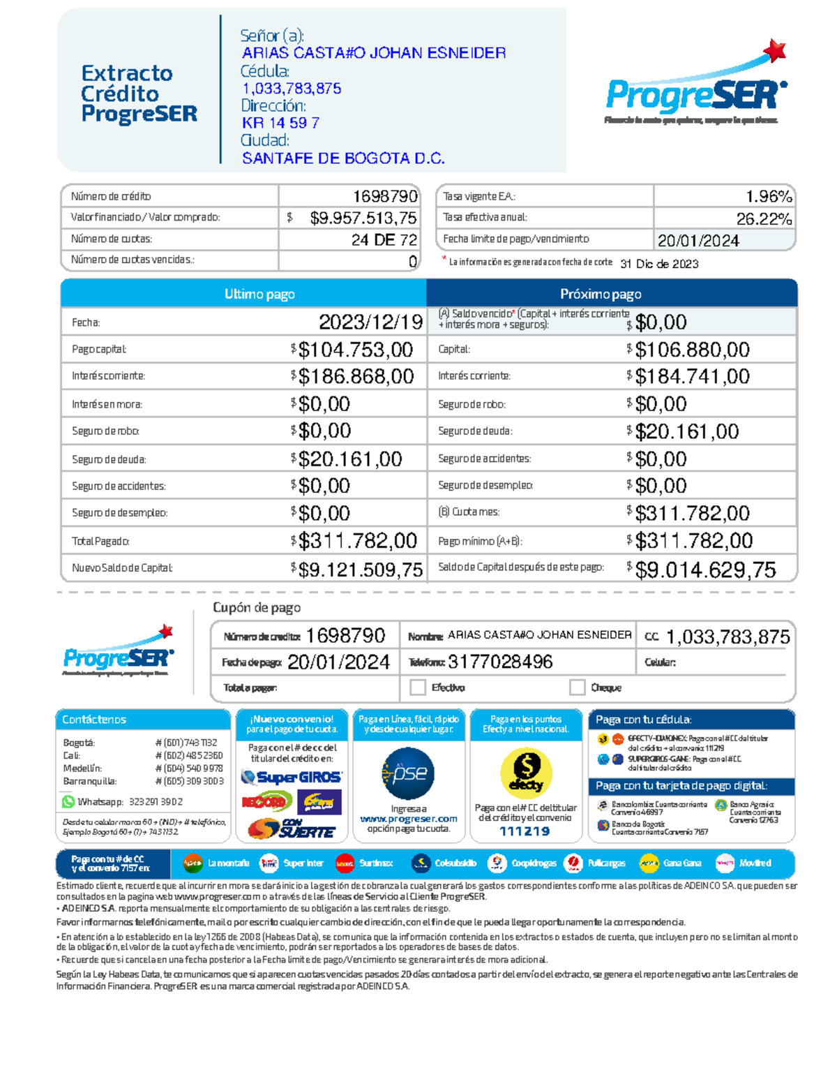 Extracto - Descripción - Extracto Crédito ProgreSER Señor (a): Cédula ...