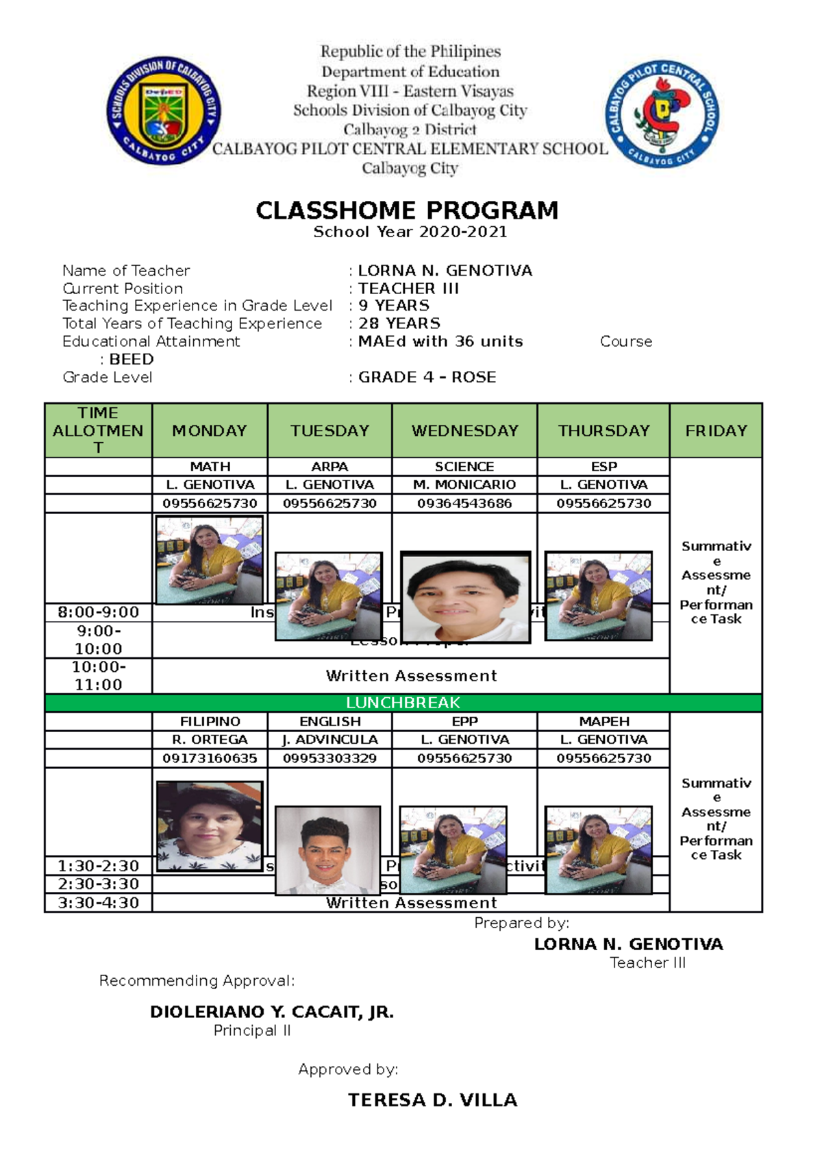 Classhome Program MAAM Lorna - School Year 2020- Name of Teacher : LORNA N. GENOTIVA Current ...