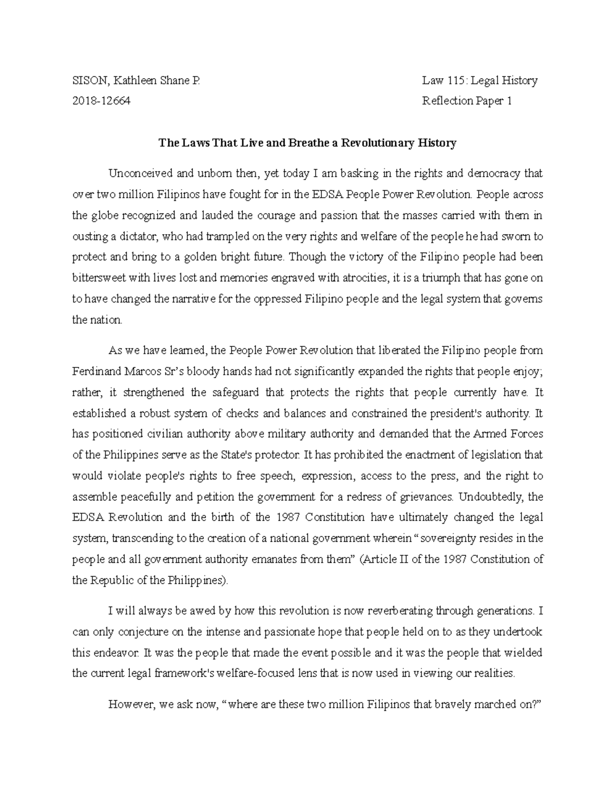 Sison Reflection Paper 1 - SISON, Kathleen Shane P. Law 115: Legal ...