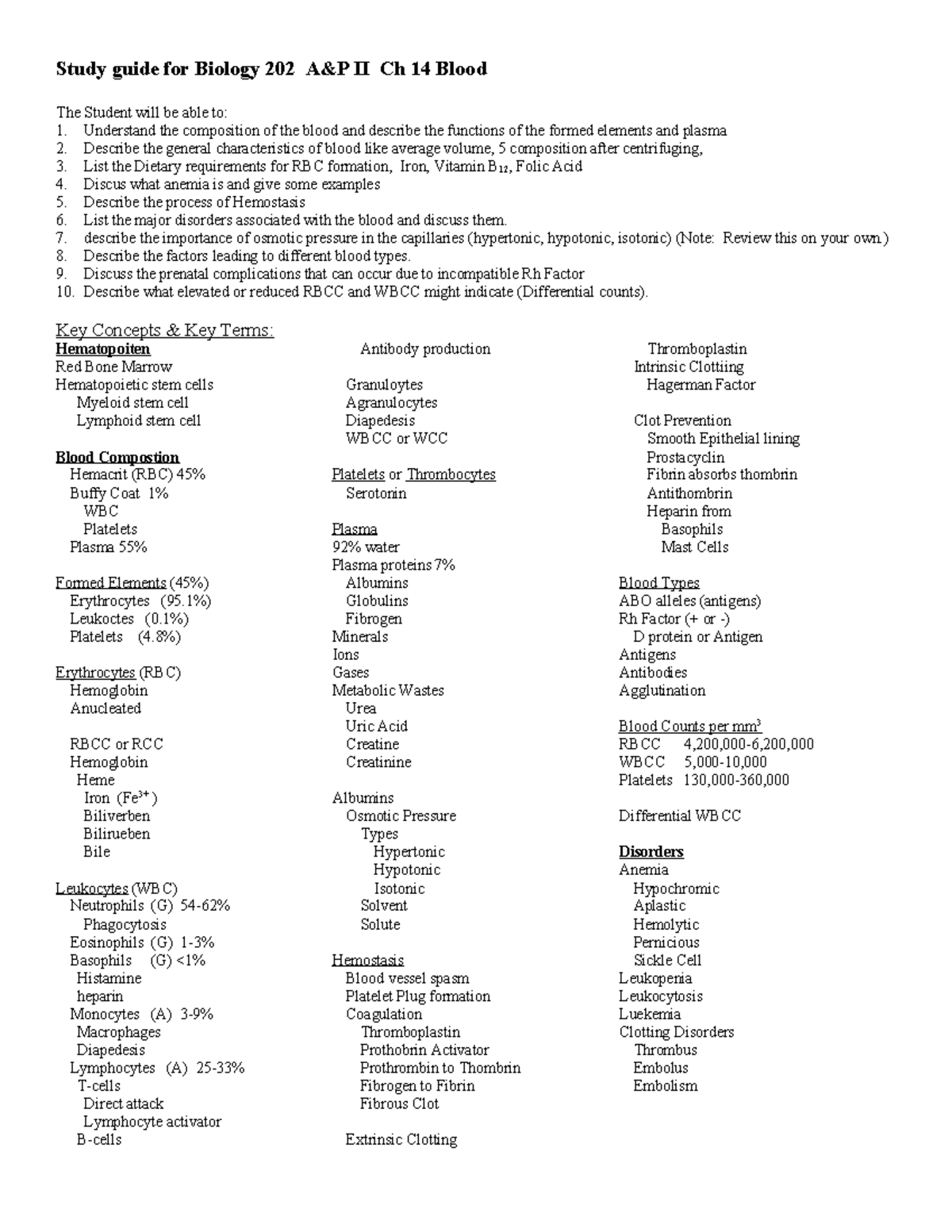 Study Guide Ch 14 Blood - Class notes - Study guide for Biology 202 A&P ...