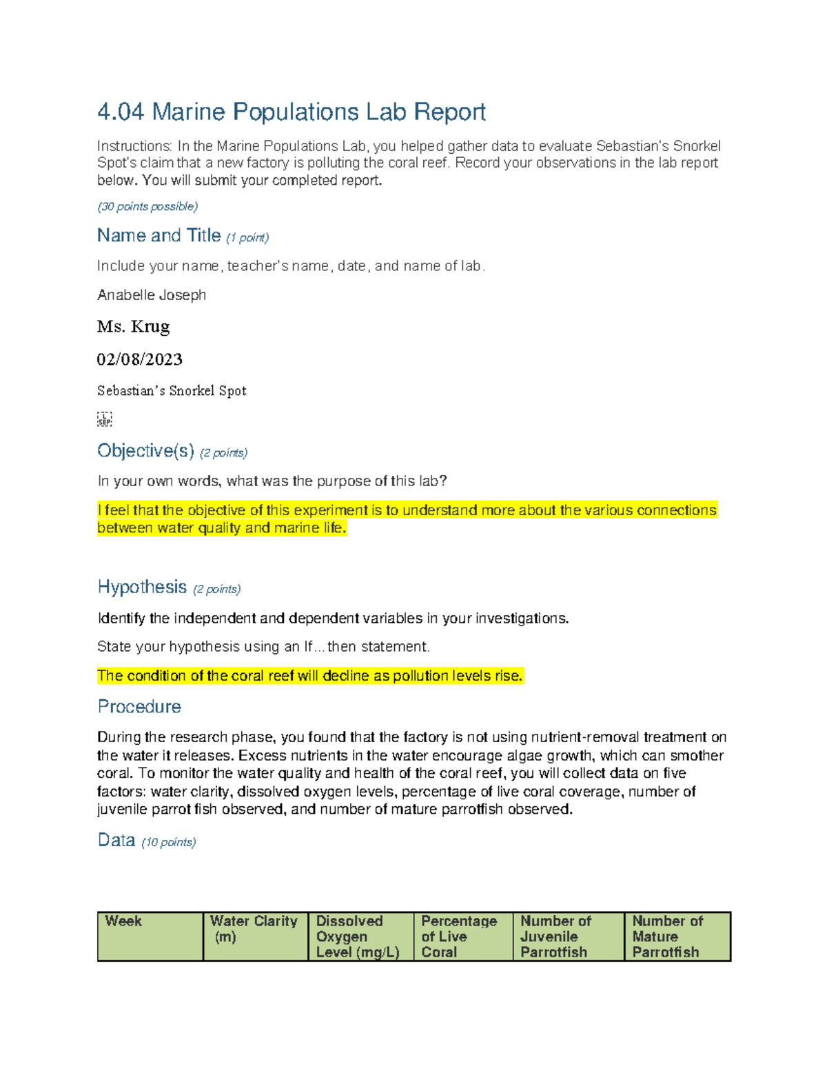 Document 18 - its for marine science - 4 Marine Populations Lab Report ...
