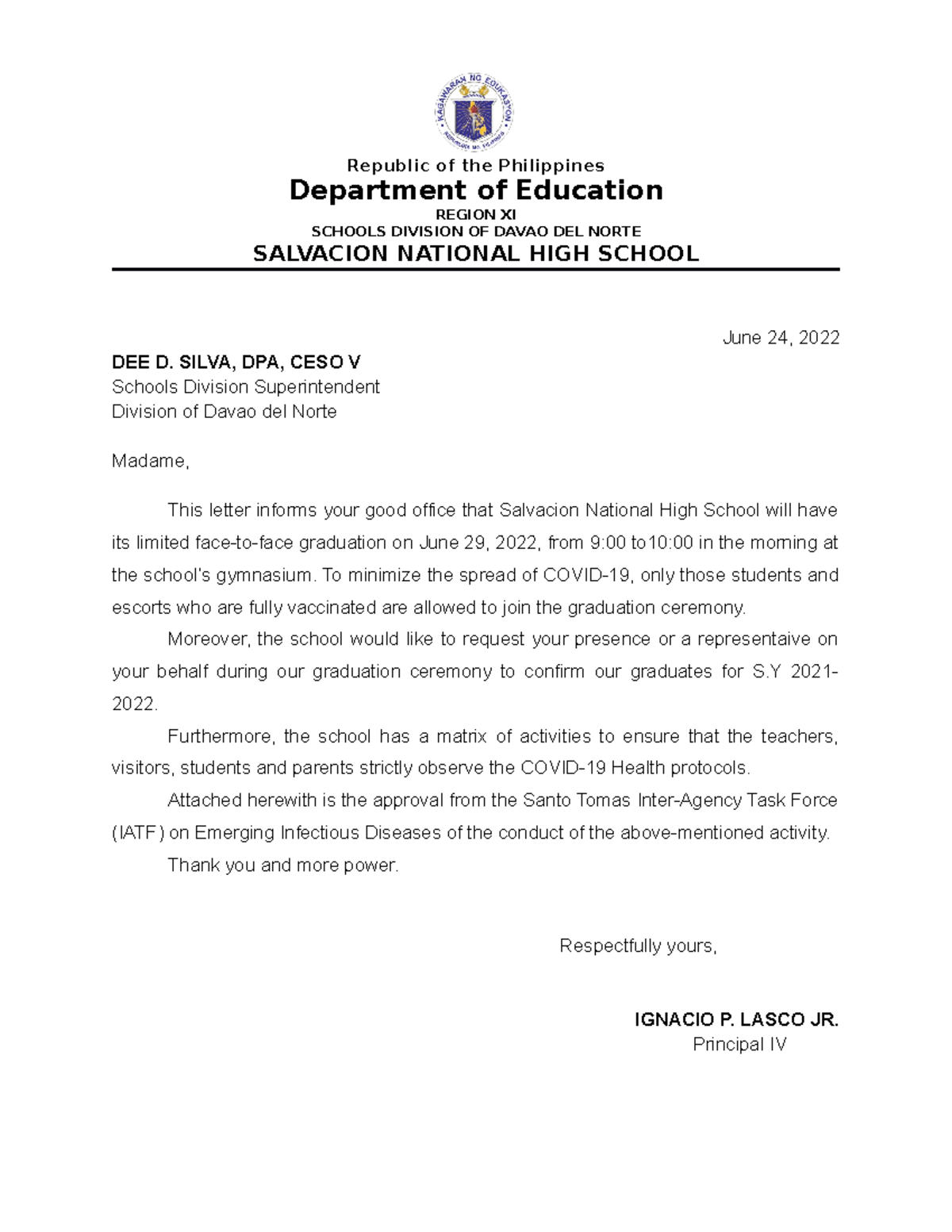 Letter for Graduation - FLASH CARD - Republic of the Philippines ...