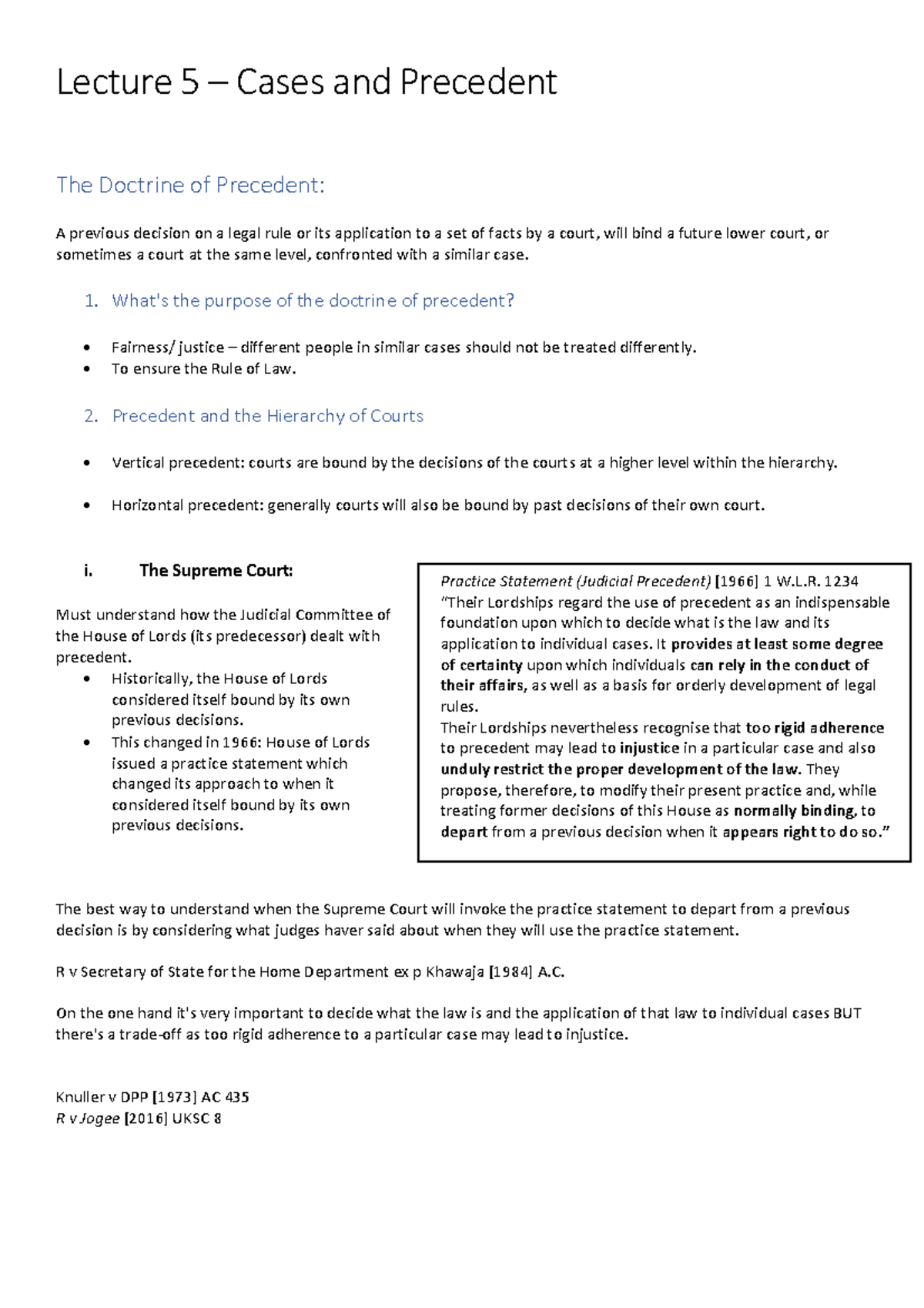 Cases and Precedent Lecture 5 notes - Lecture 5 – Cases and Precedent ...