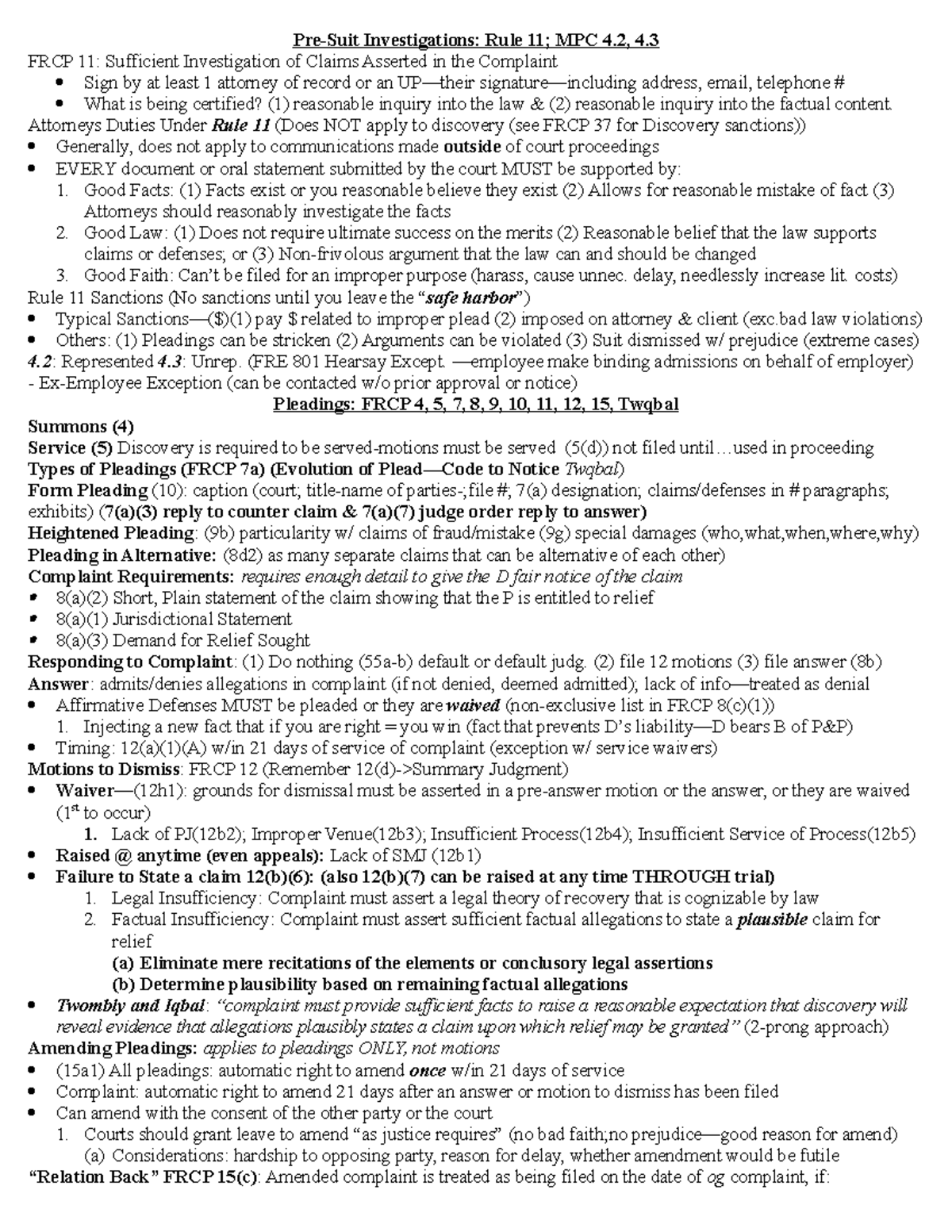 Civil Lawsuits 1 Sheeter - Pre-Suit Investigations: Rule 11; MPC 4, 4 ...