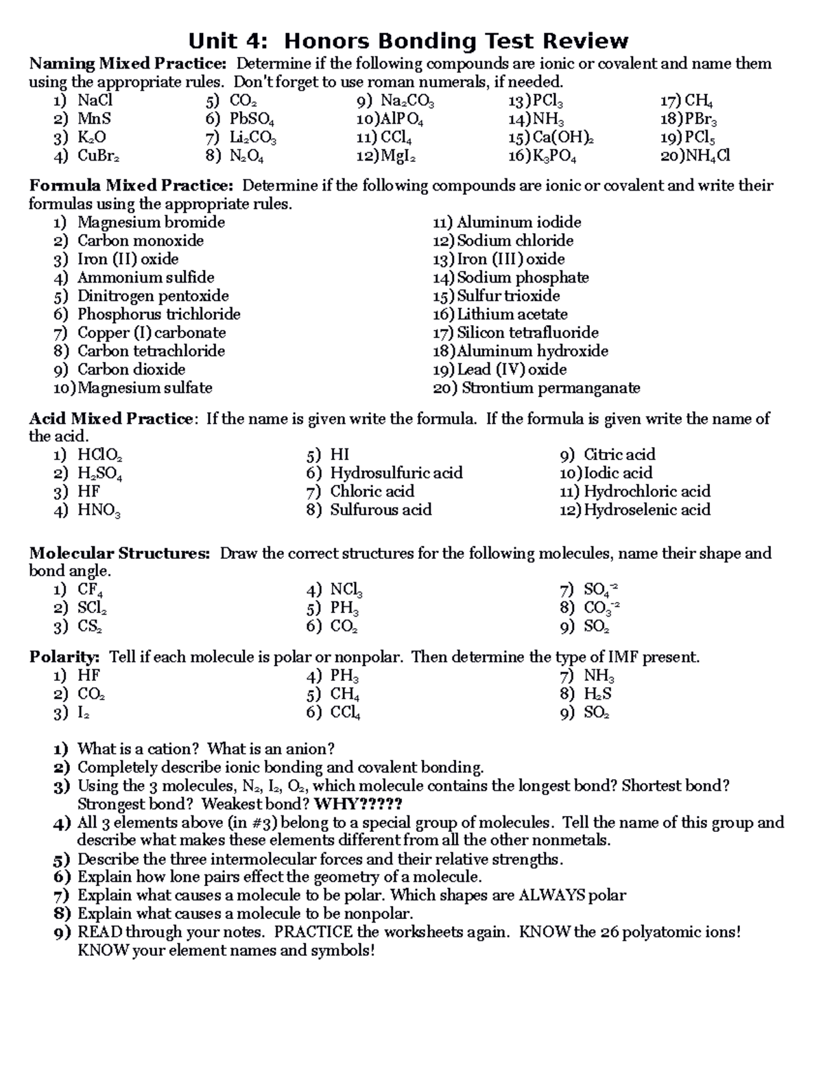Honors Study Guide - Unit 4: Honors Bonding Test Review Naming Mixed ...