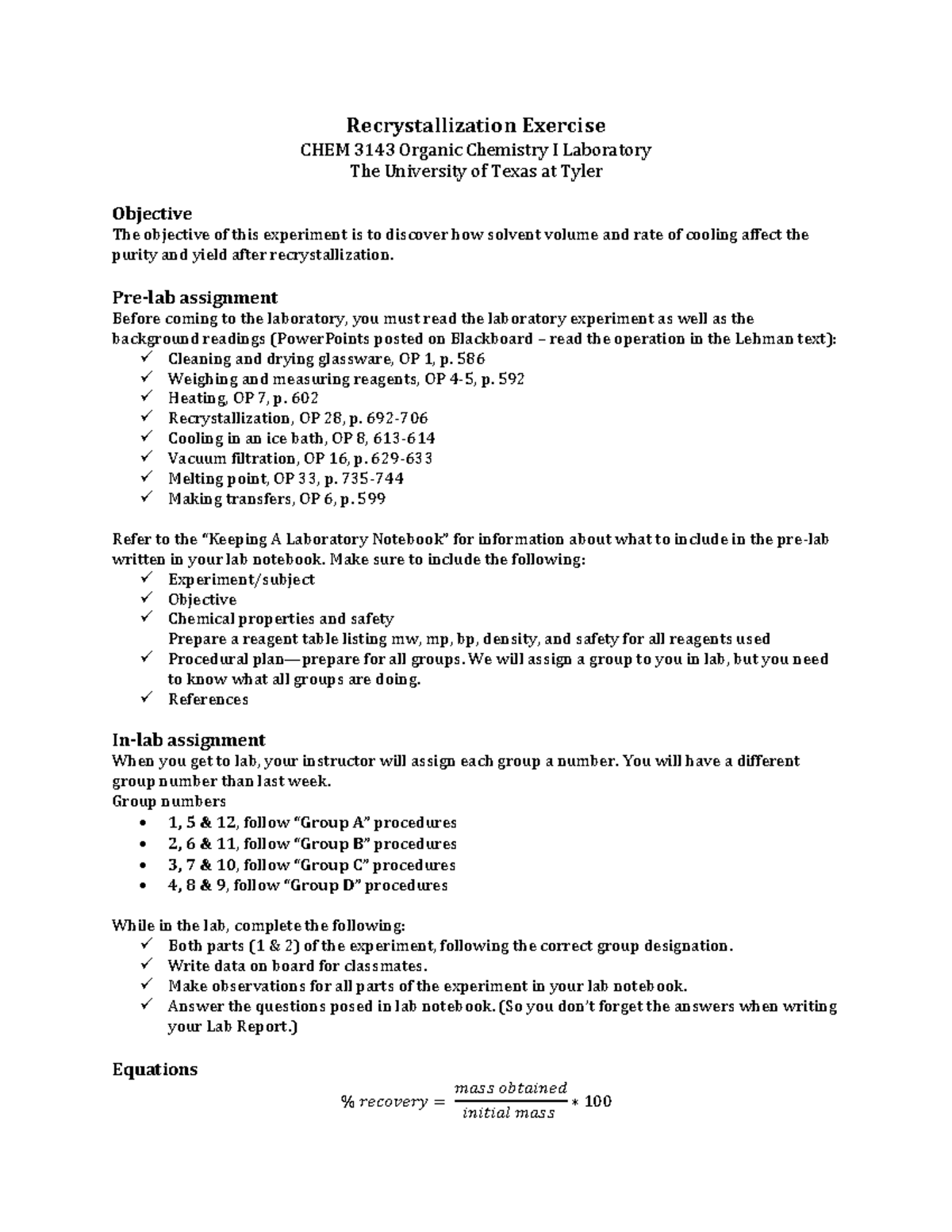 Recryst. Ex Handout - Recrystallization Exercise CHEM 3143 Organic ...