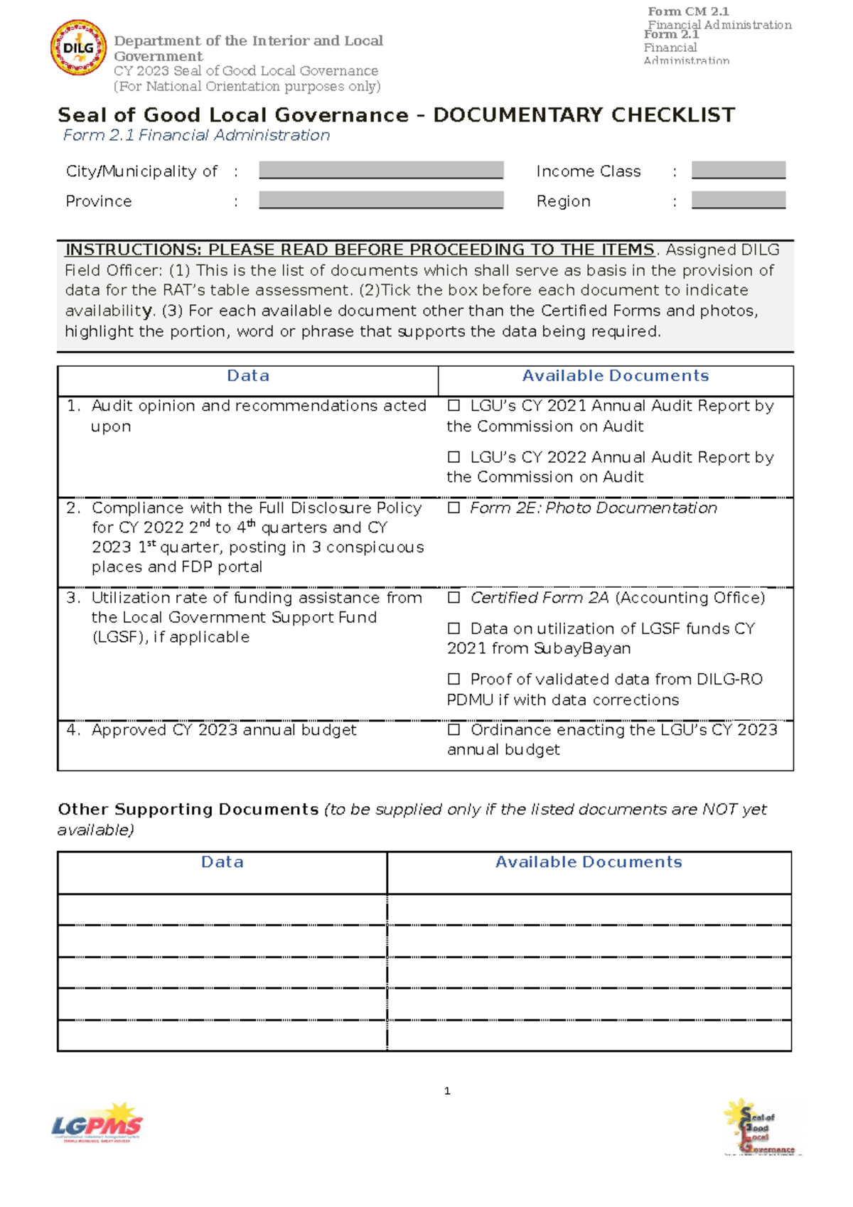 (draft) CM P Form-2.1-2.10-SGLG-Documentary-Checklist National ...