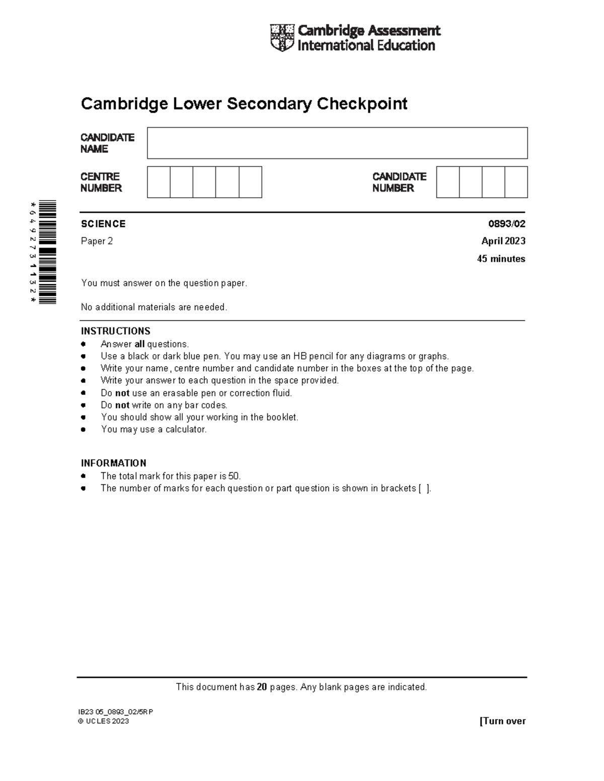 Science Checkpoint Paper 02 (2023) - This document has 20 pages. Any ...