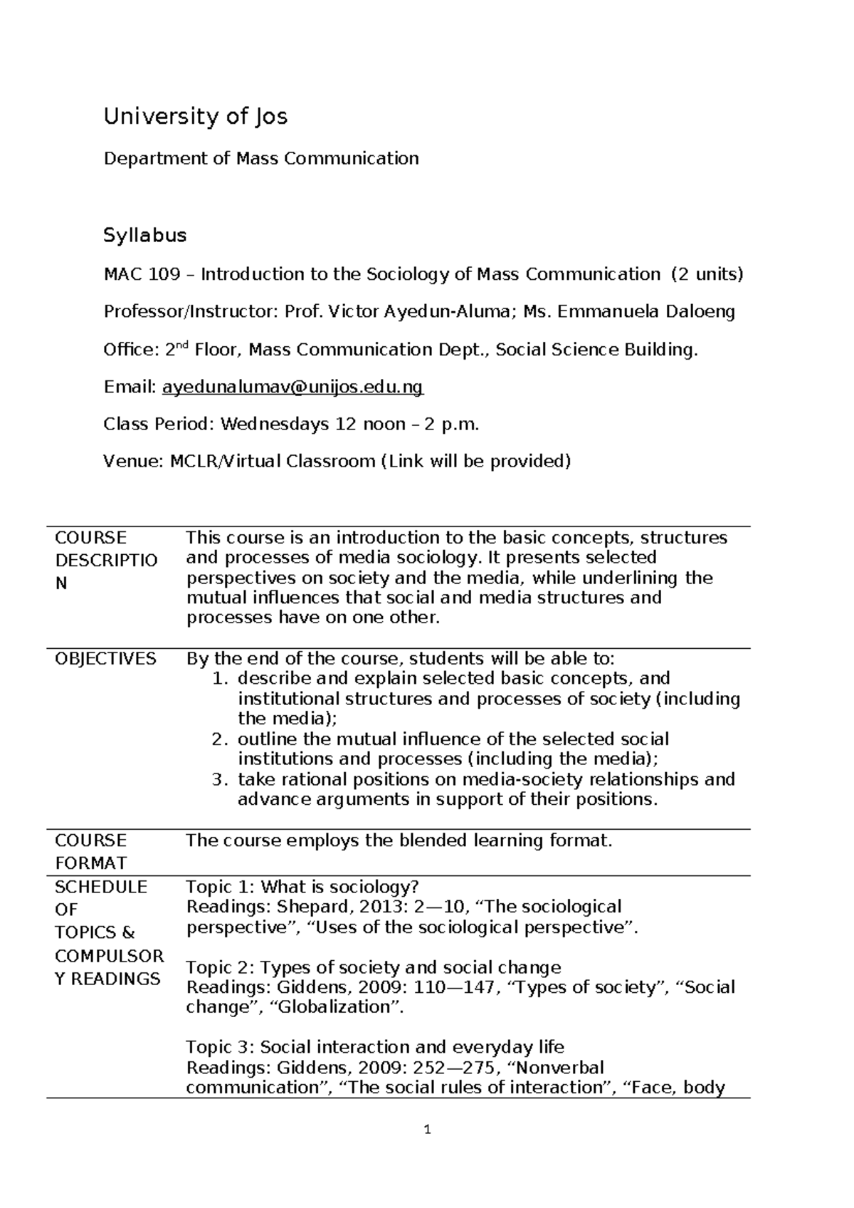 MAC 109 Syllabus 2024 v1 - University of Jos Department of Mass ...