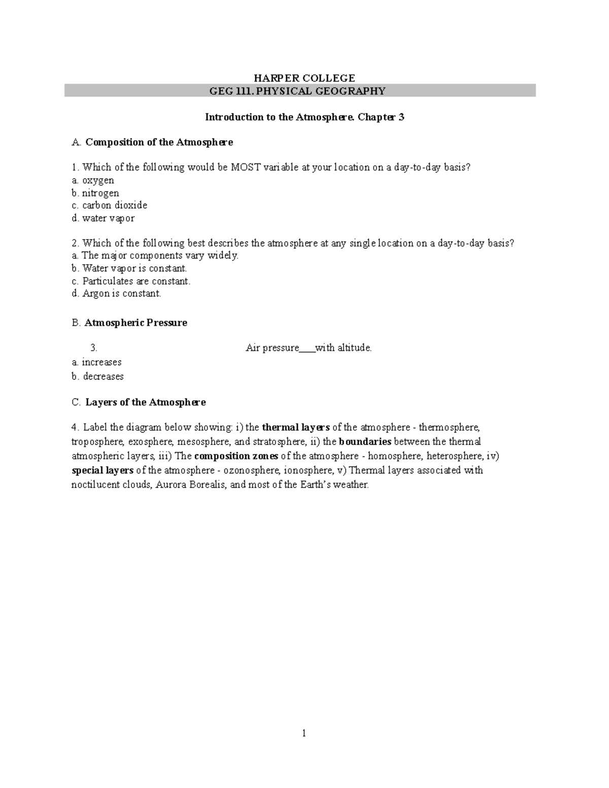 Worksheet 2 - HARPER COLLEGE GEG 111. PHYSICAL GEOGRAPHY Introduction ...
