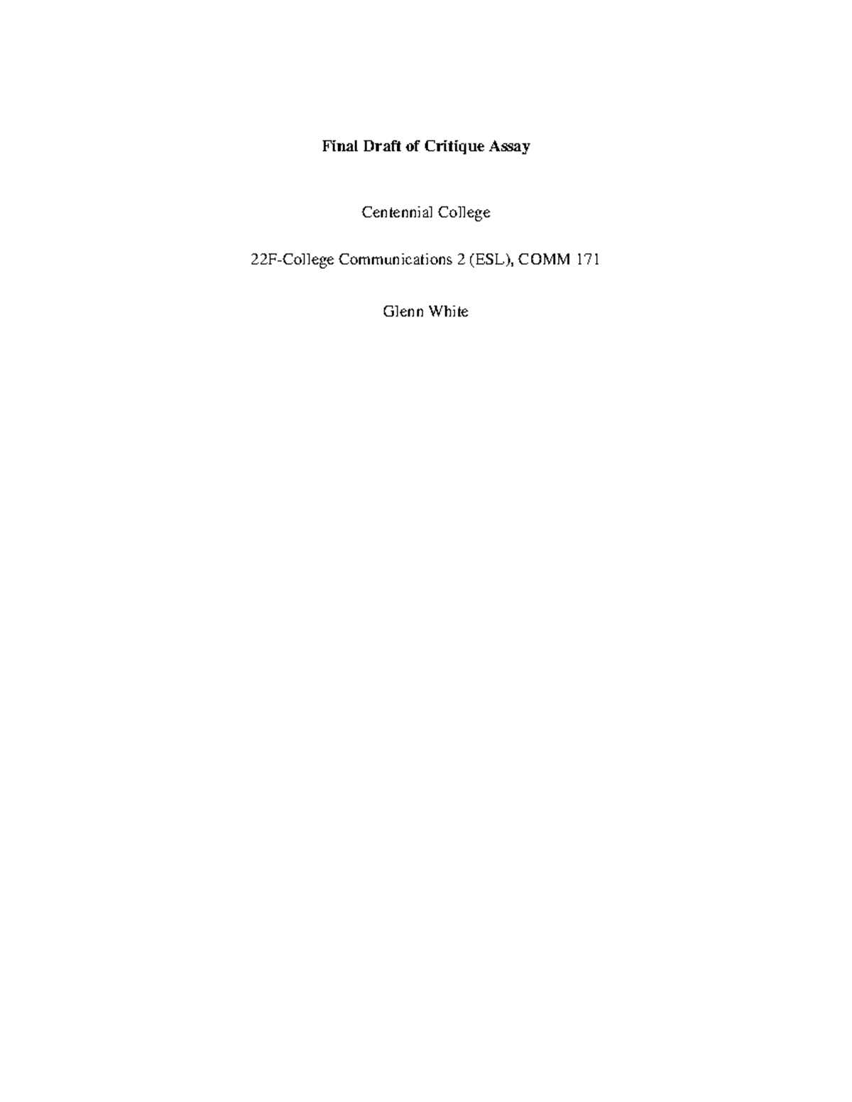 Final Draft of Critique Essay - Final Draft of Critique Assay ...