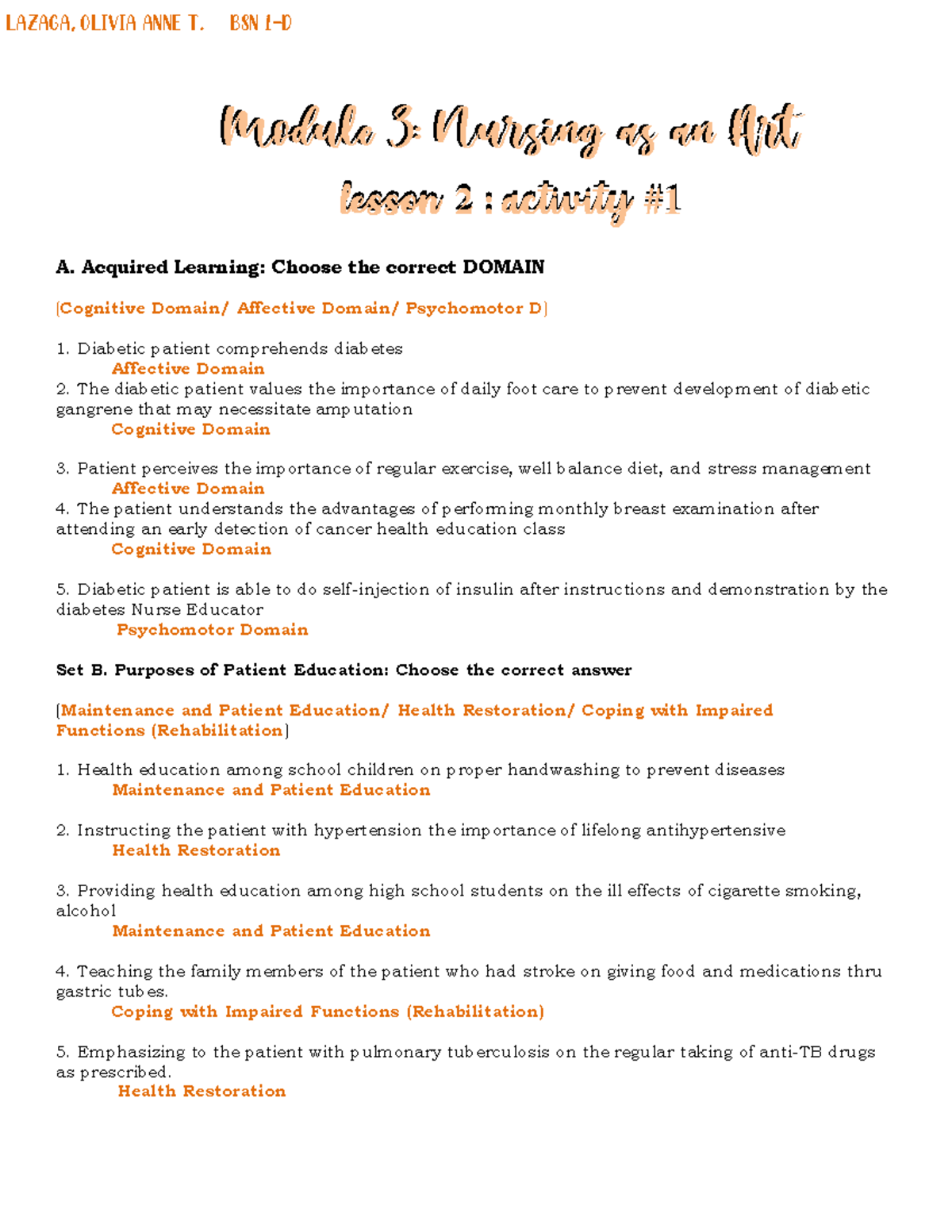 Lesson 2 Activity NO. 1 - A. Acquired Learning: Choose the correct ...