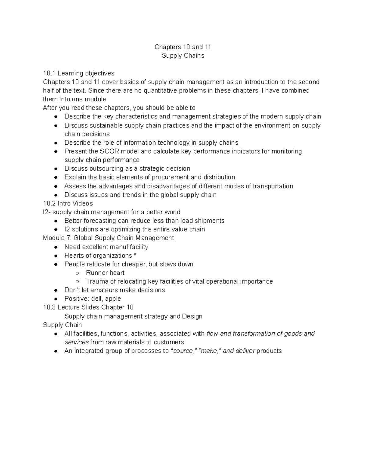 Chapter 10 and 11 Study Guide - Chapters 10 and 11 Supply Chains 10 ...