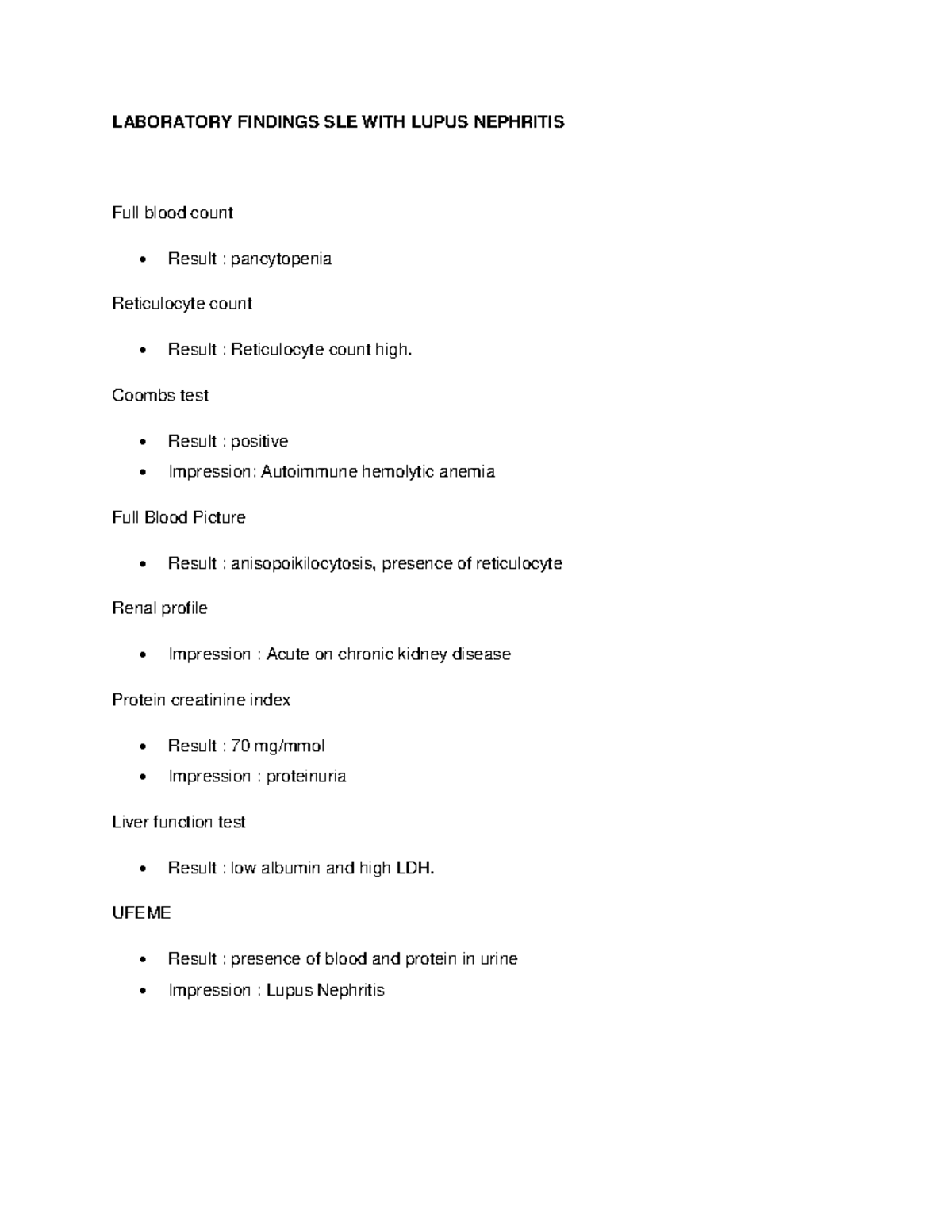 Investigations SLE, Ascending Cholangitis - LABORATORY FINDINGS SLE ...