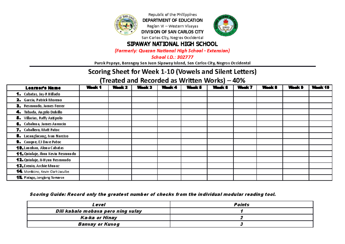 Scoring Sheet - Republic of the Philippines DEPARTMENT OF EDUCATION ...