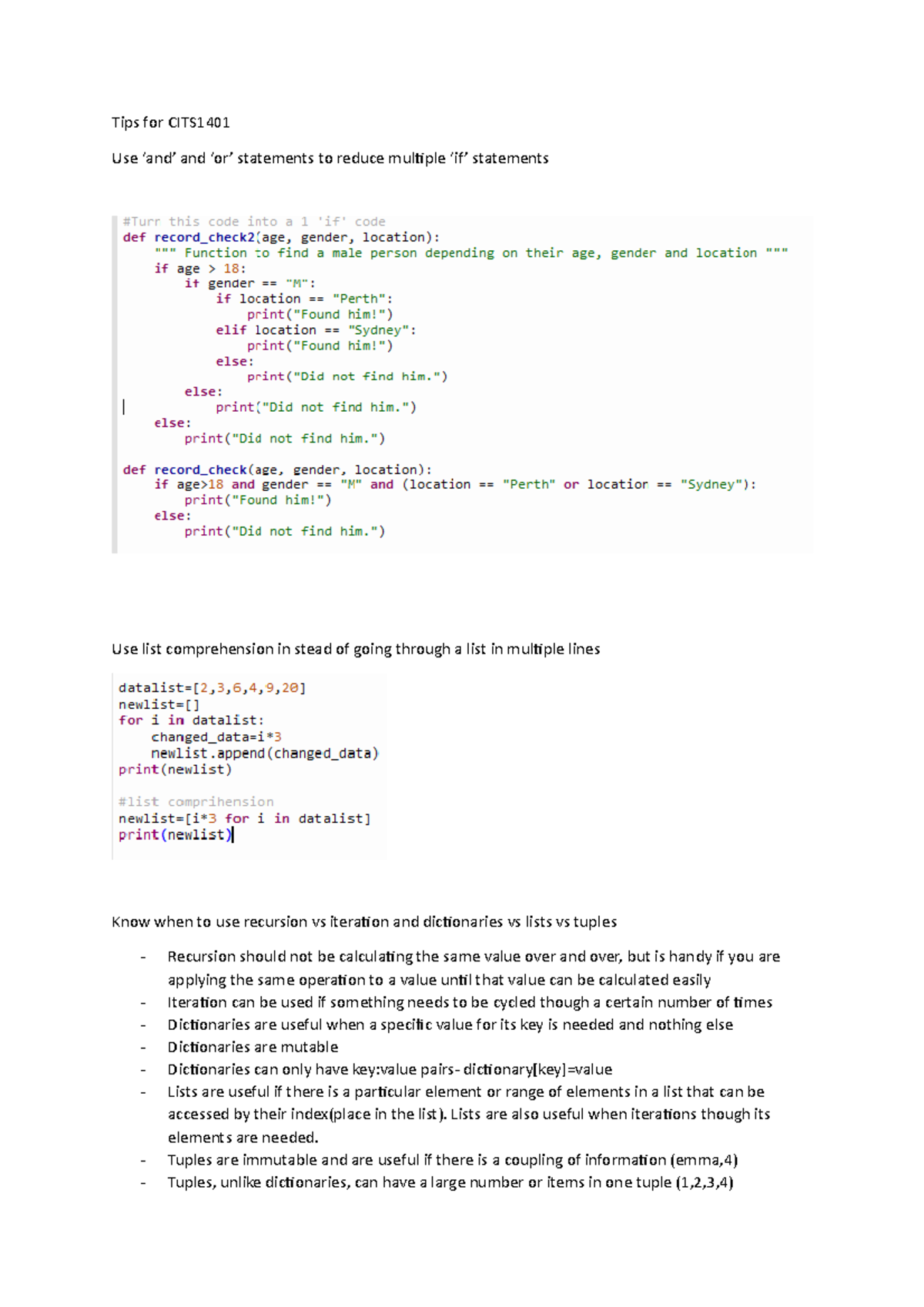 Tips for CITS1401 - Lecture notes (mixed) - Tips for CITS Use ‘and’ and ...