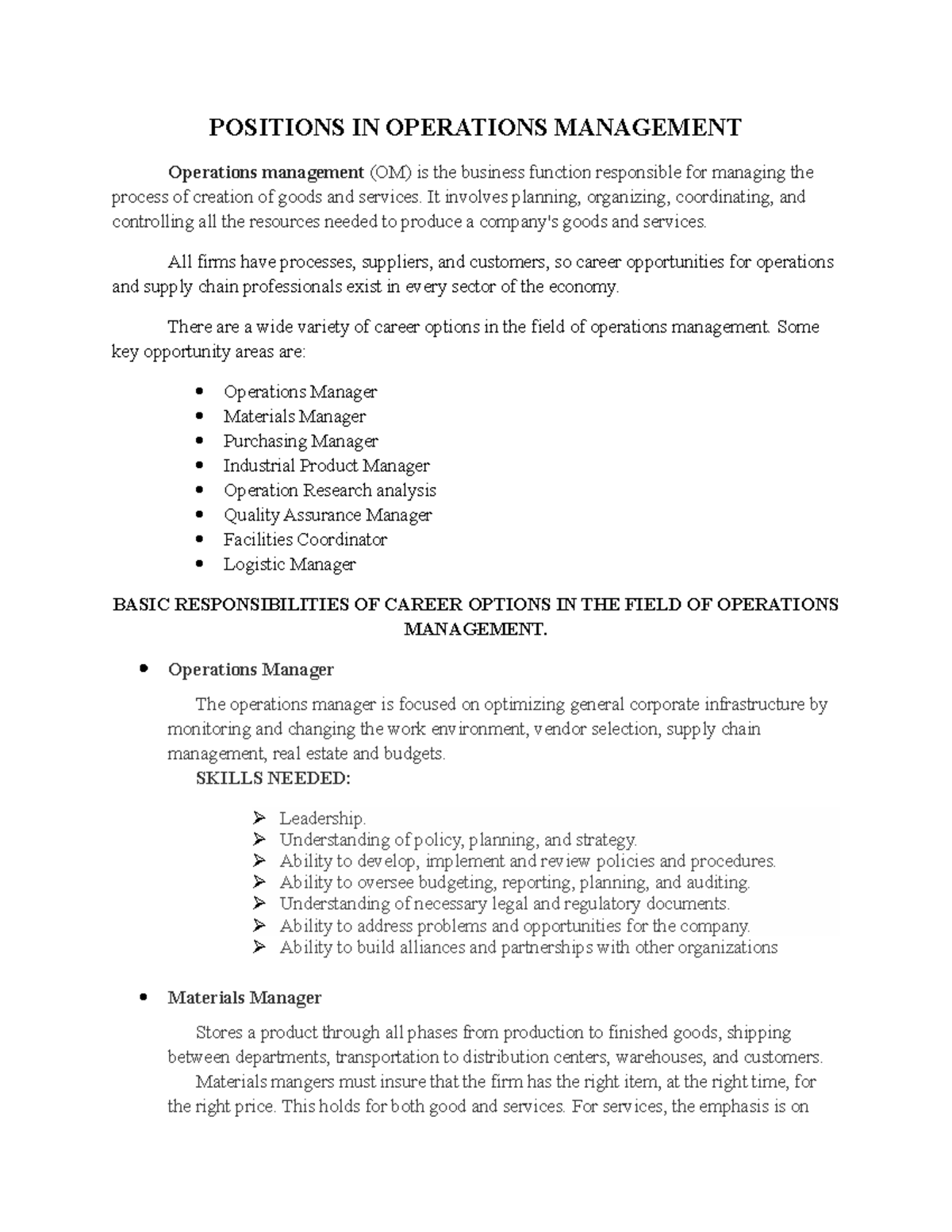 Positions IN Operations Management - POSITIONS IN OPERATIONS MANAGEMENT ...