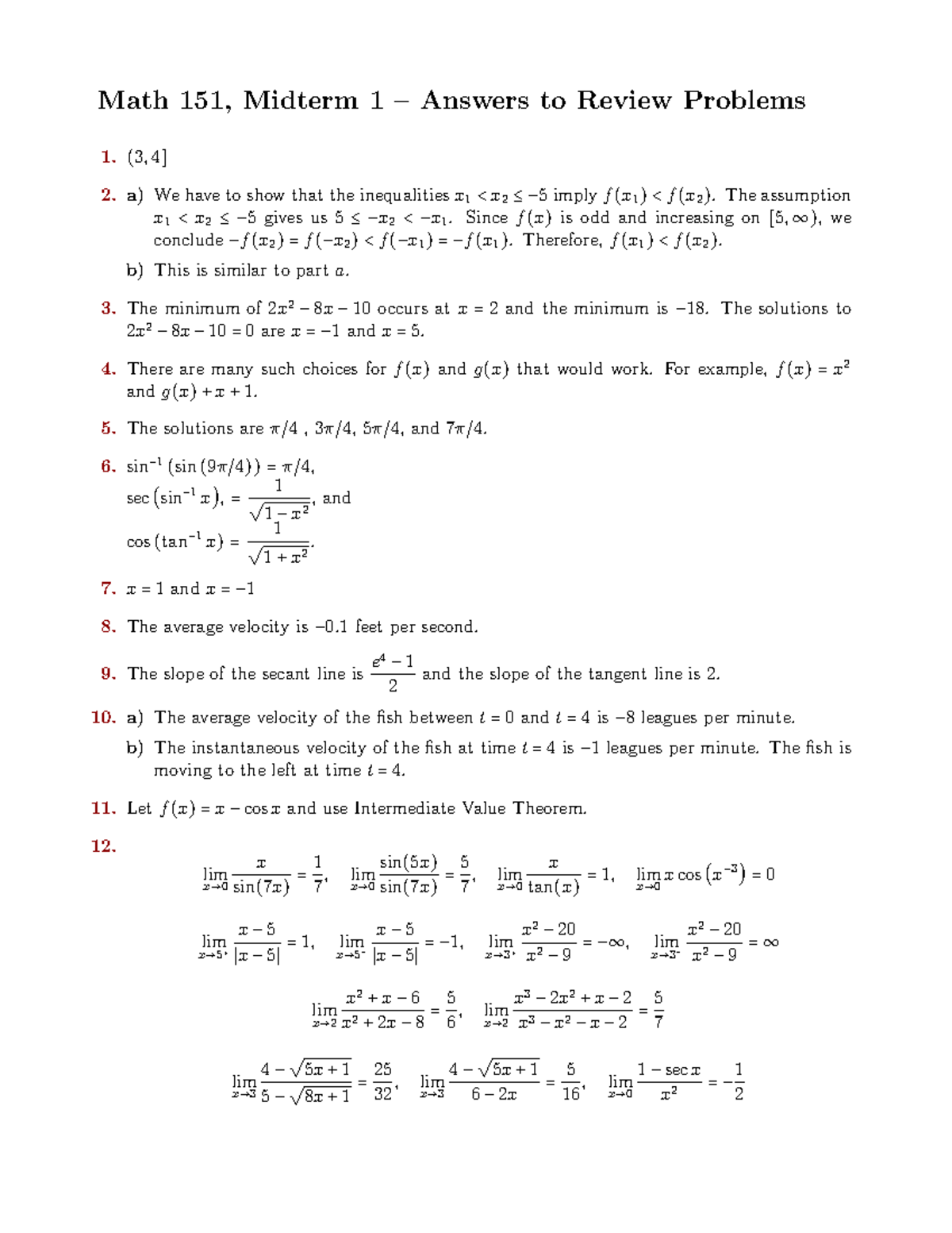 Exam1 review-problems Answers - Math 151, Midterm 1 – Answers to Review ...
