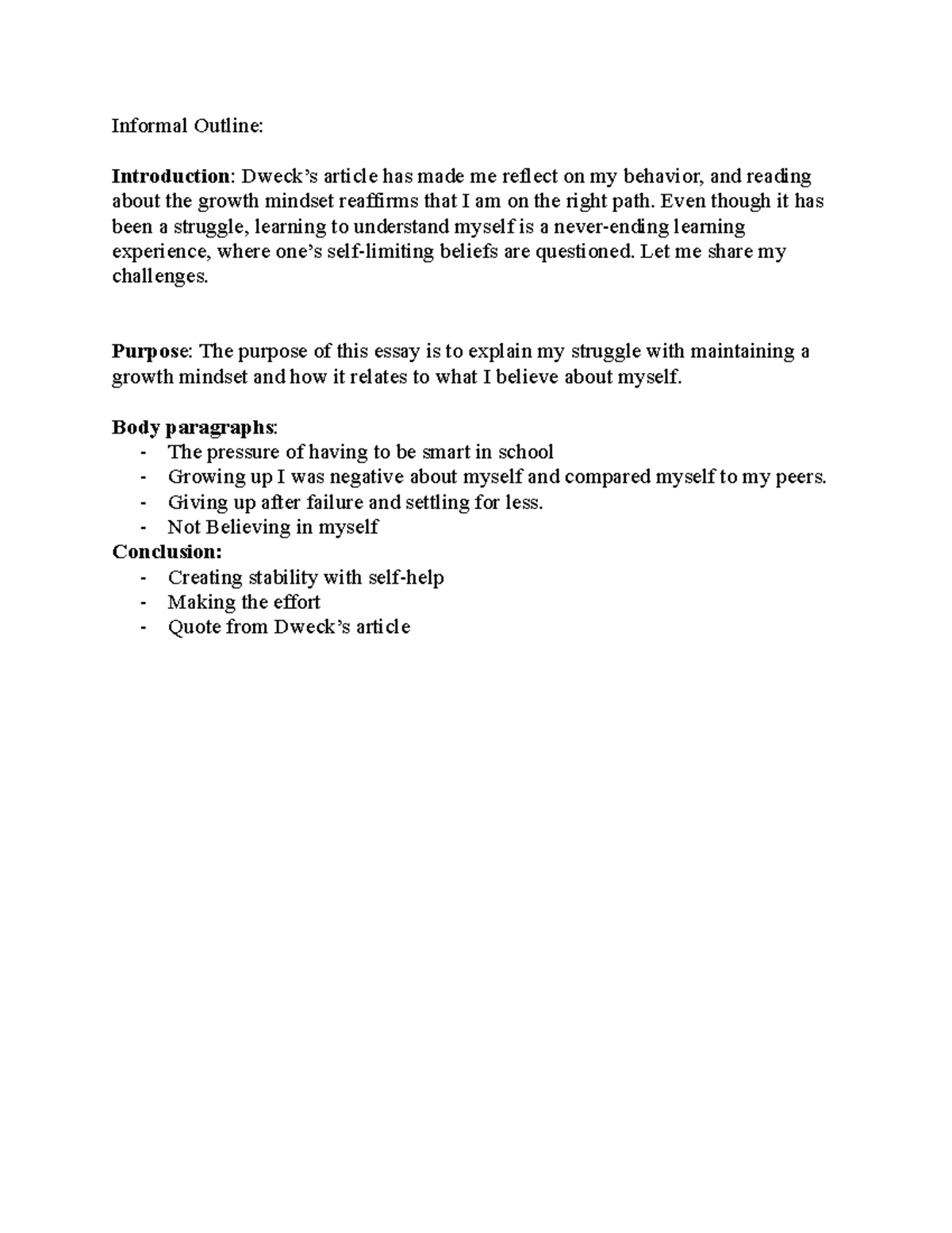 Informal Outline - ASSIGNMENT - Informal Outline: Introduction: Dweck’s ...