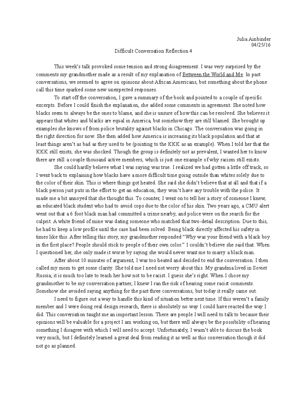 Difficult Conversation Reflection 4 - Julia Ainbinder 04/25/ Difficult ...