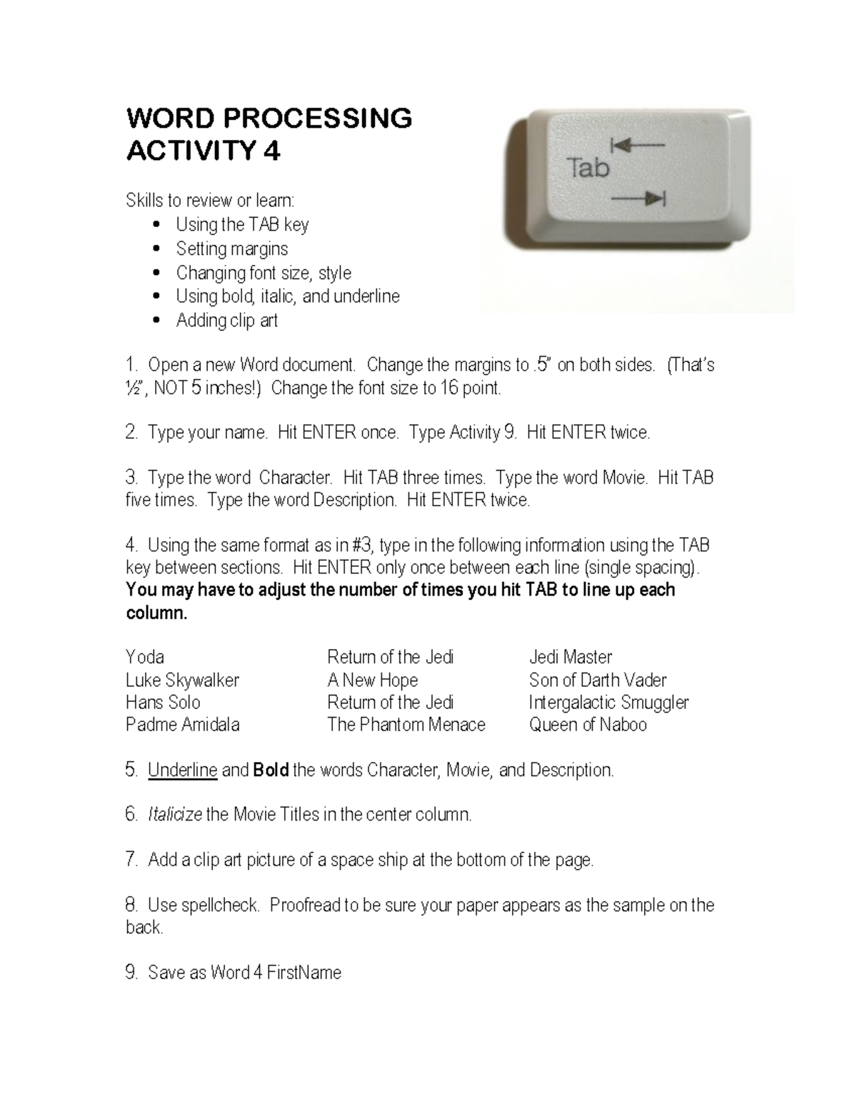 Word 4 - MS Word - WORD PROCESSING ACTIVITY 4 Skills to review or learn ...