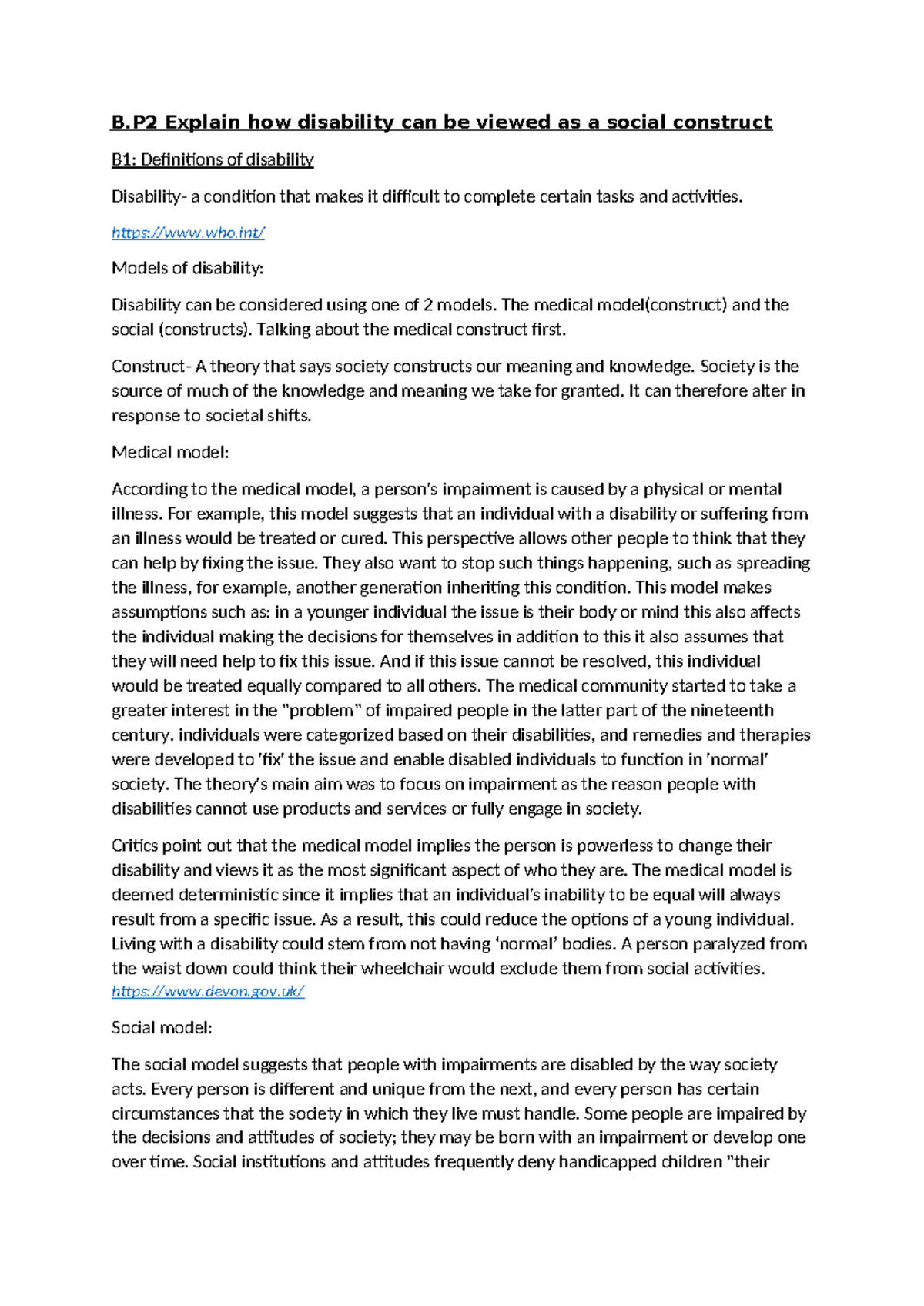 Assignment 2 - B Explain how disability can be viewed as a social ...