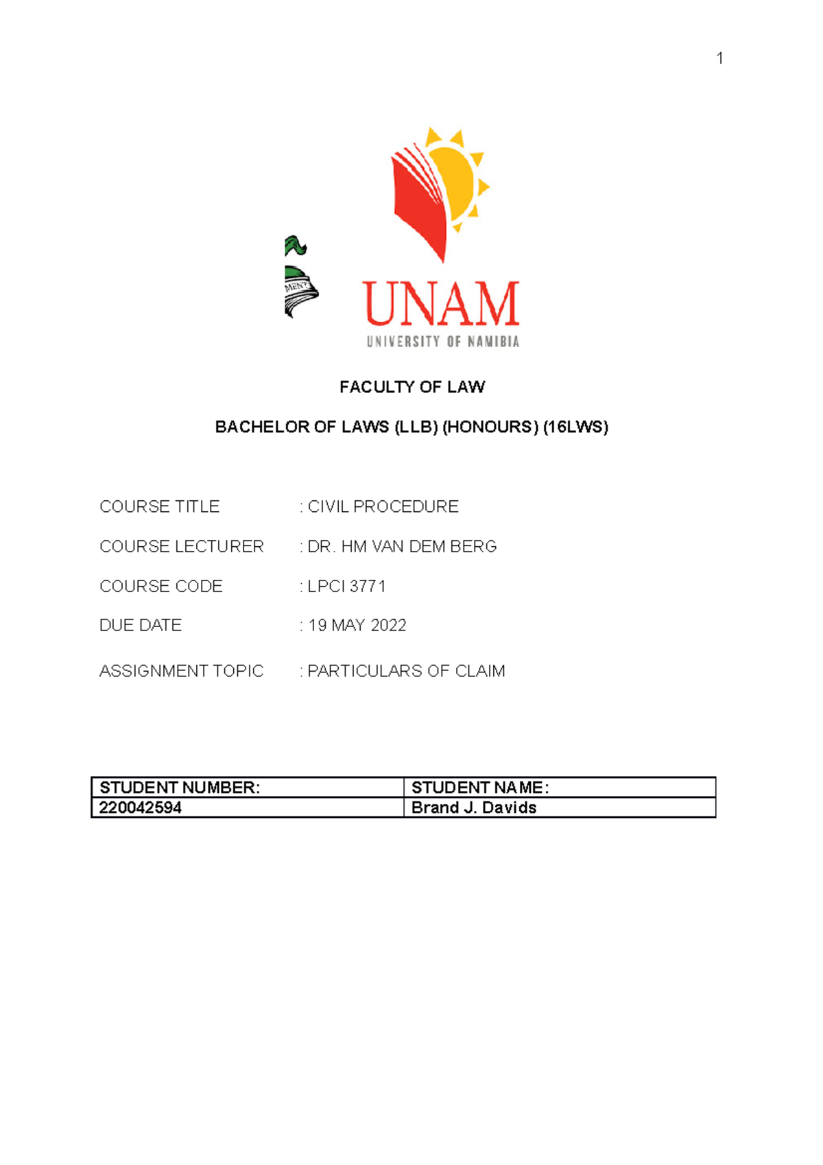 Particulars of claim - POC - FACULTY OF LAW BACHELOR OF LAWS (LLB ...