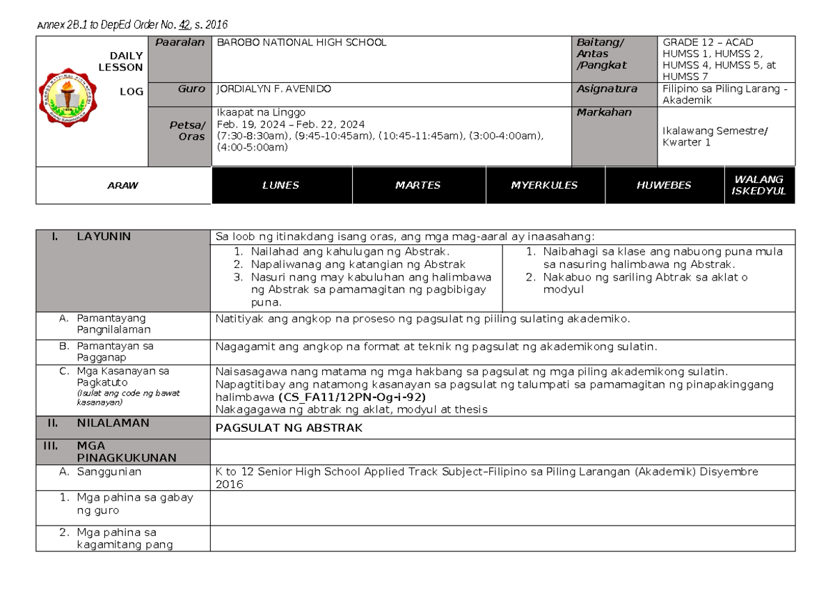 DLL Q1 FPL Akad W3 - Filipino sa Piling Larang - DAILY LESSON LOG Paaralan BAROBO NATIONAL HIGH ...