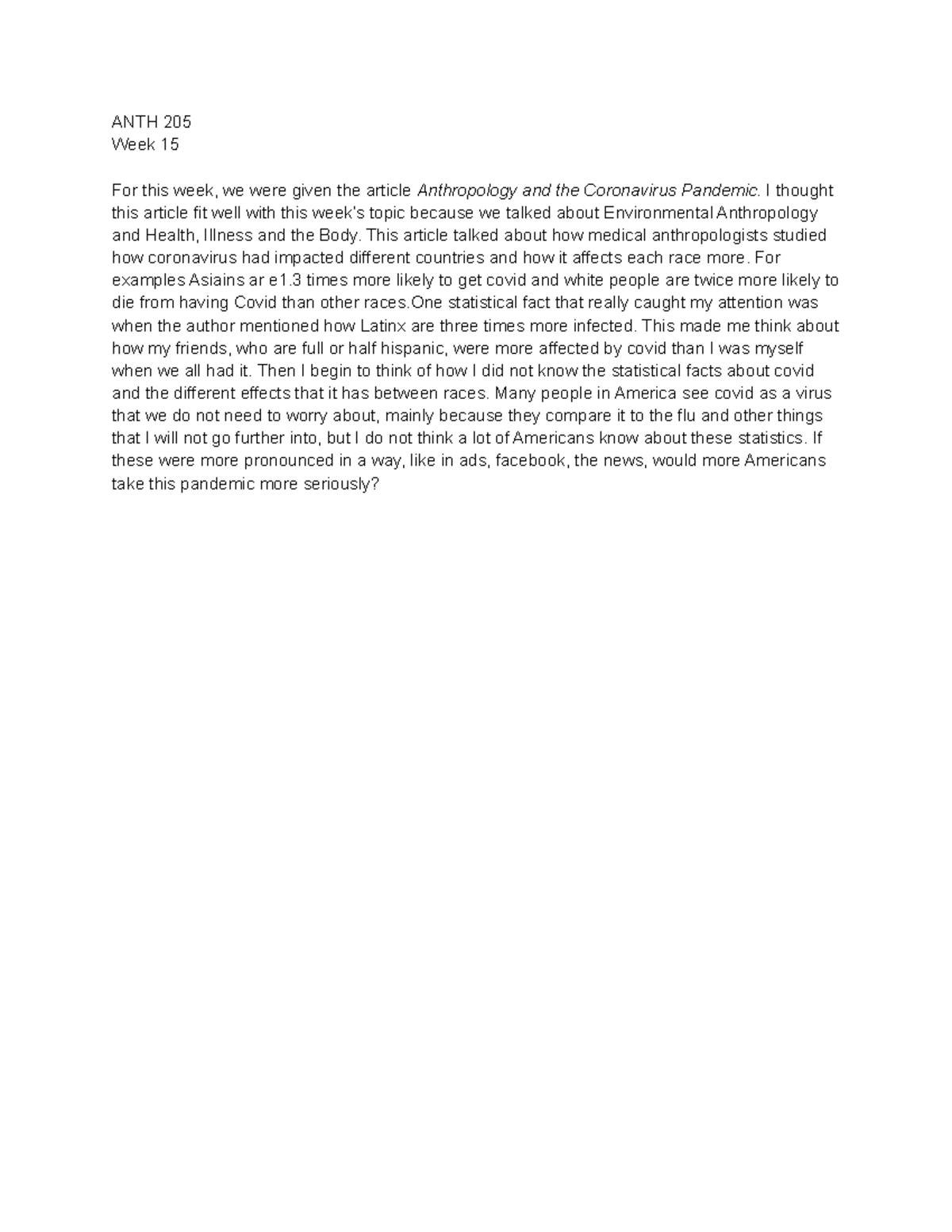 Week 15 Lecture Notes Anth 205 Week 15 For This Week We Were Given The Article Anthropology