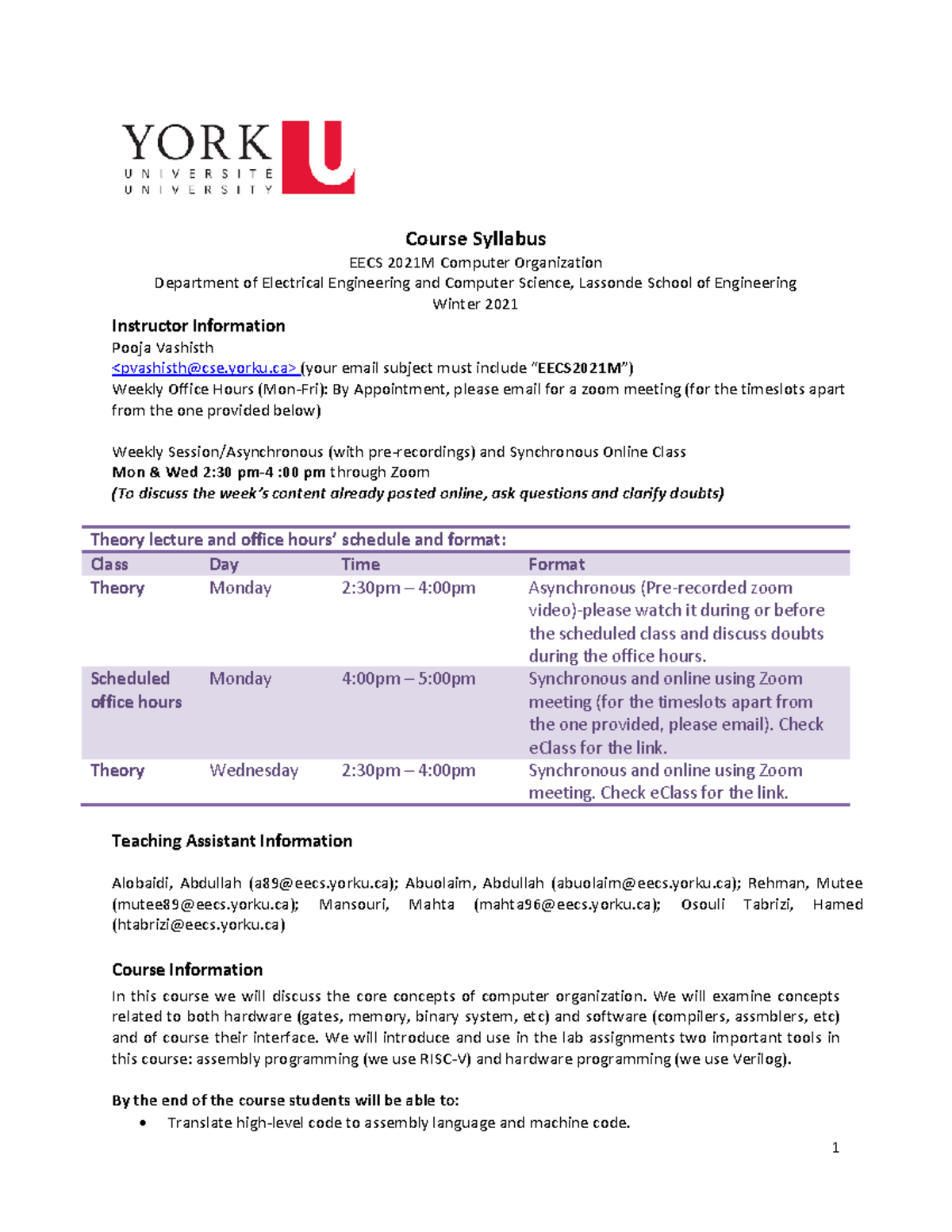 EECS 2021 Course Outline - Course Syllabus EECS 2021M Computer Organization Department of ...