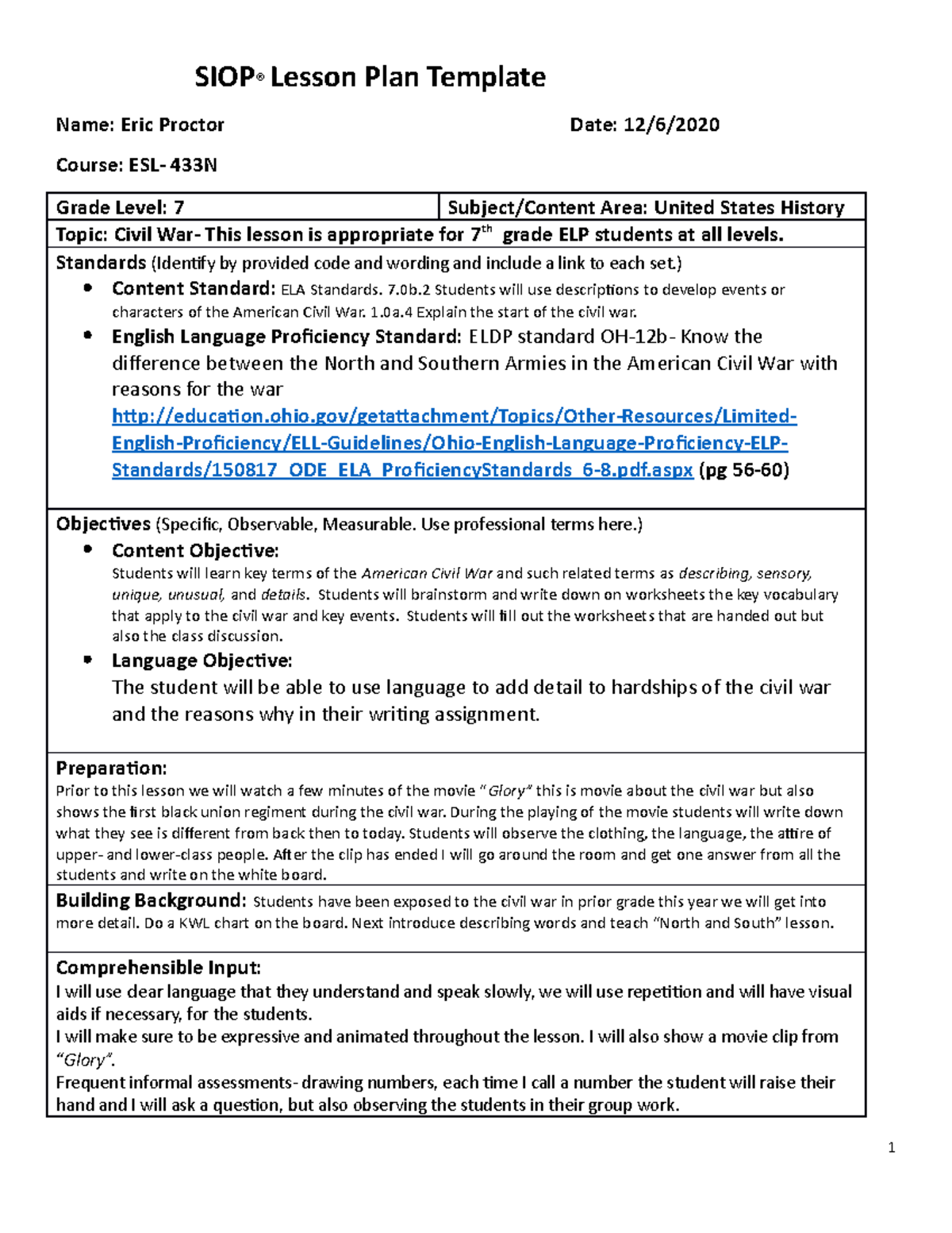 Benchmark - SIOP - SIOP® Lesson Plan Template Name: Eric Proctor Date ...