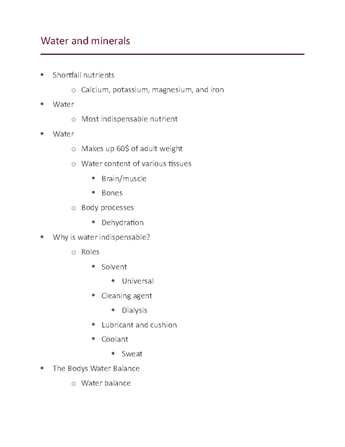 Water and minerals - Lecture notes 1 - Water and minerals Shortfall ...