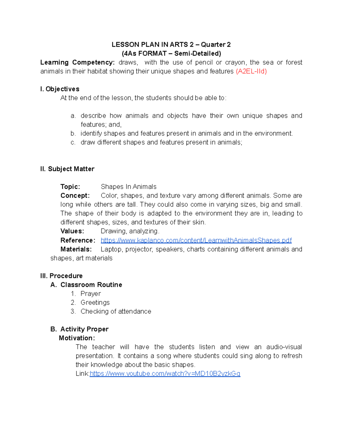 Ed Arts-LP - LESSON PLAN IN ARTS 2 – Quarter 2 (4As FORMAT – Semi-Detailed) Learning Competency ...