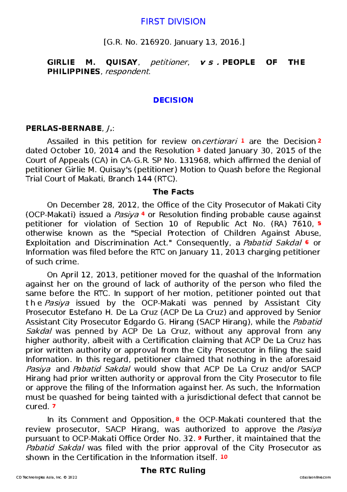 Quisay v - Case digest - FIRST DIVISION [G. No. 216920. January 13 ...