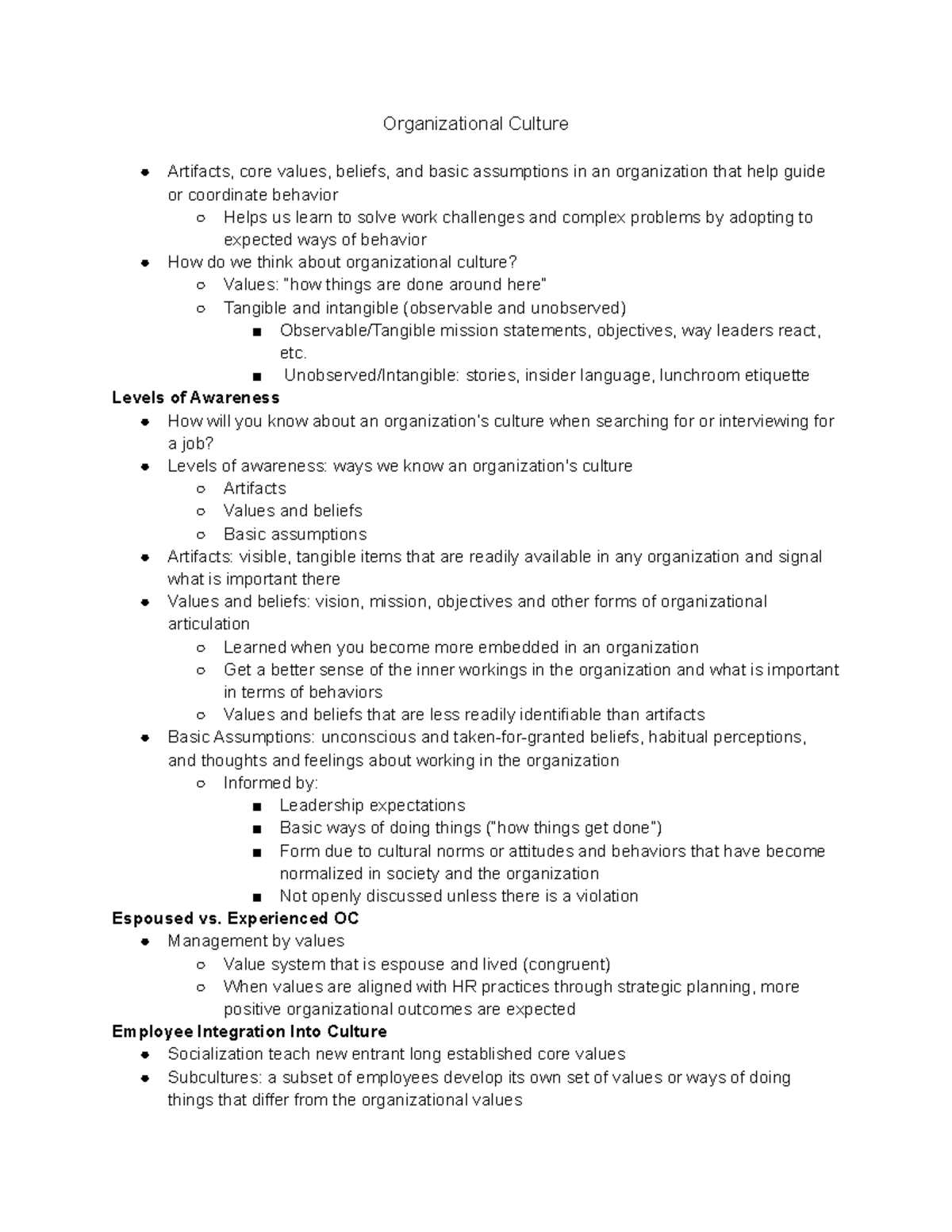 Week 3 Organizational Culture - Organizational Culture Artifacts, core ...