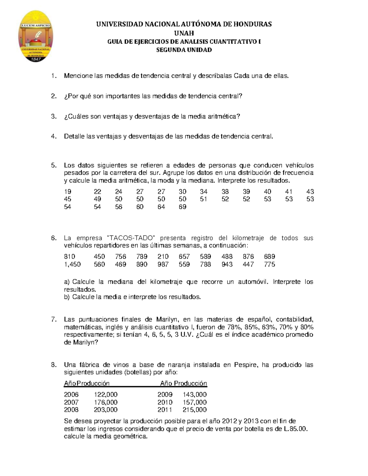 GUIA DE Ejercicios 2 Segunda Evaluacion - UNIVERSIDAD NACIONAL AUT”NOMA DE HONDURAS UNAH GUIA DE ...