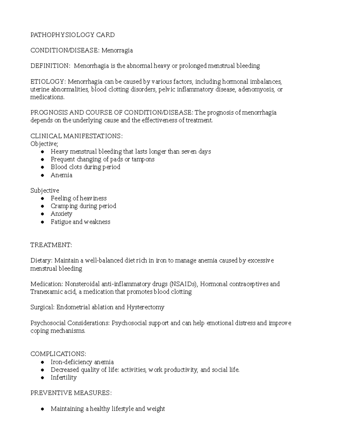 Copy of Patho Menorrhagia - PATHOPHYSIOLOGY CARD CONDITION/DISEASE: Menorragia DEFINITION: - Studocu