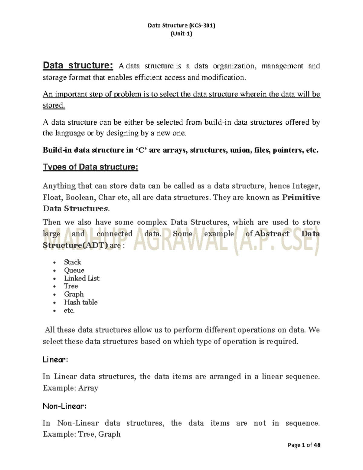 Ds Kcs 301 Unit 1 Cse Ds Basics And Linked List Unit 1 Data Structure A Data Structure Is