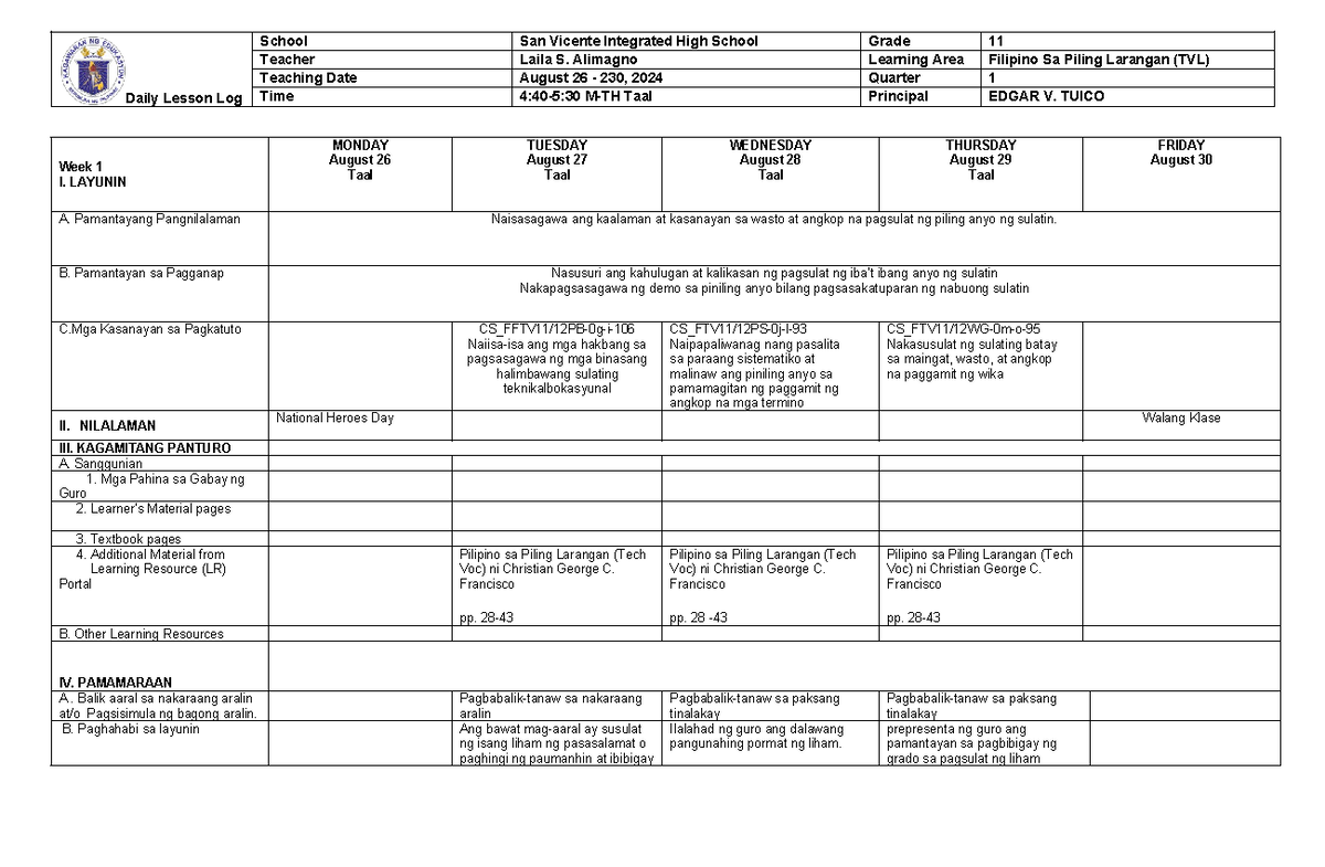 DLL FIL Wk 4 - This is a daily lesson log for Filipino. - Daily Lesson ...
