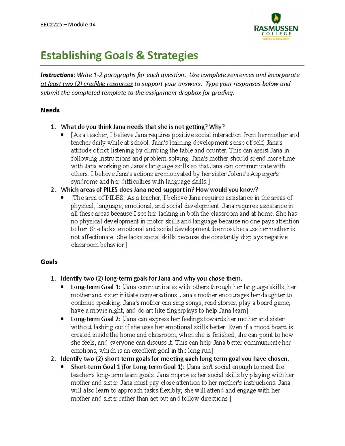 establishing goals and strategies - EEC2225 – Module 04 Establishing ...