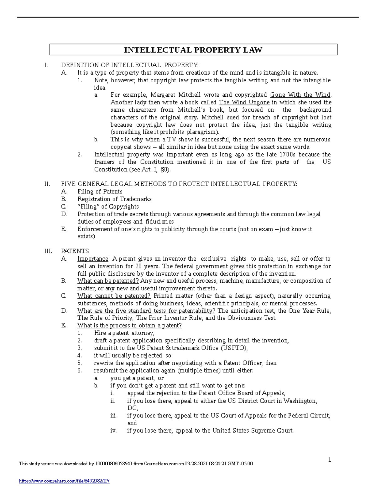 Intellectual Property LAW - 1 This study source was downloaded by ...