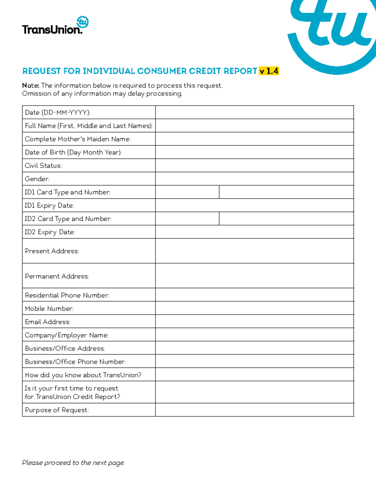 Tuph credit report application form - REQUEST FOR INDIVIDUAL CONSUMER ...
