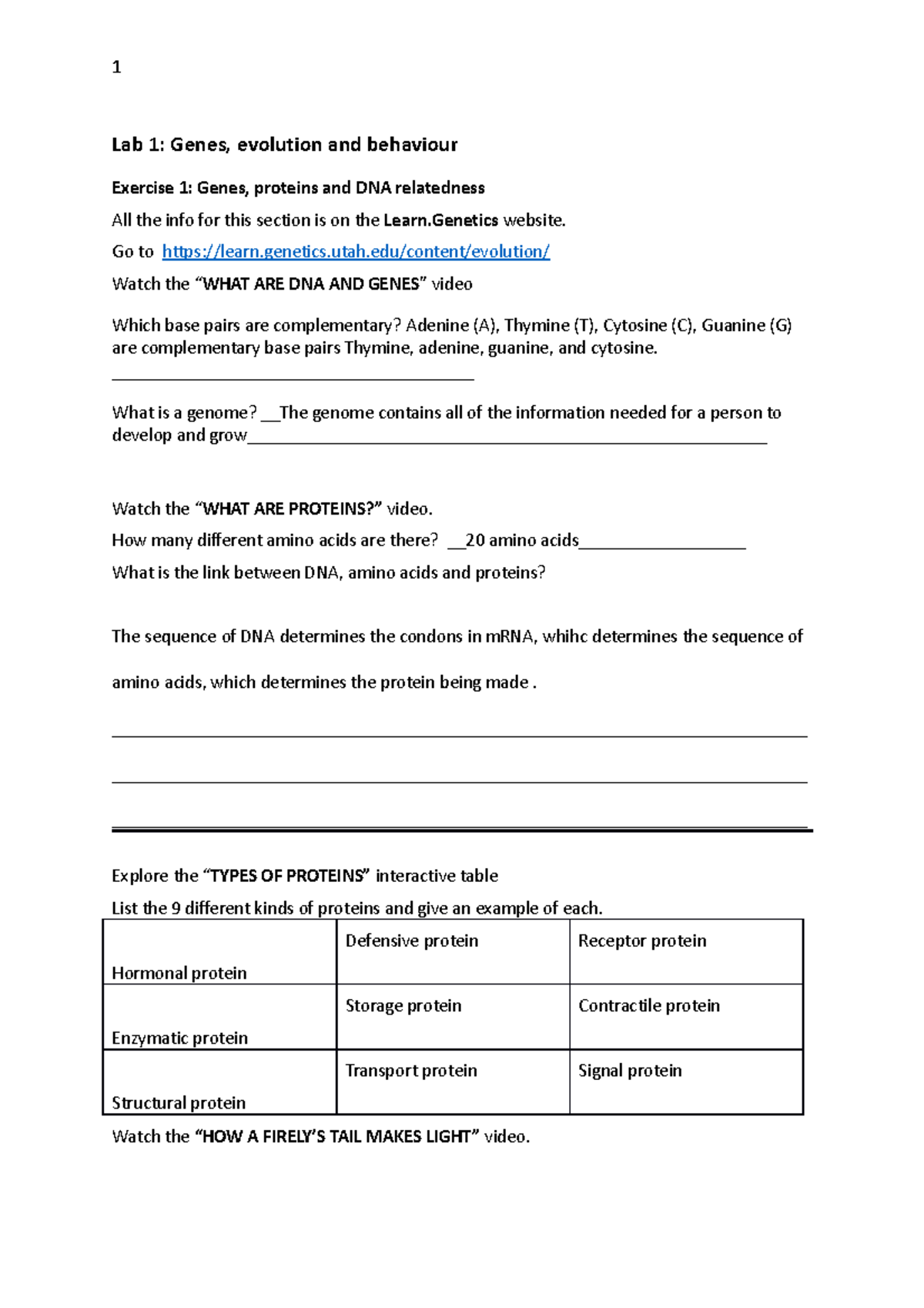 Lab 1 Genes, evolution and behaviour - Lab 1: Genes, evolution and behaviour Exercise 1: Genes ...