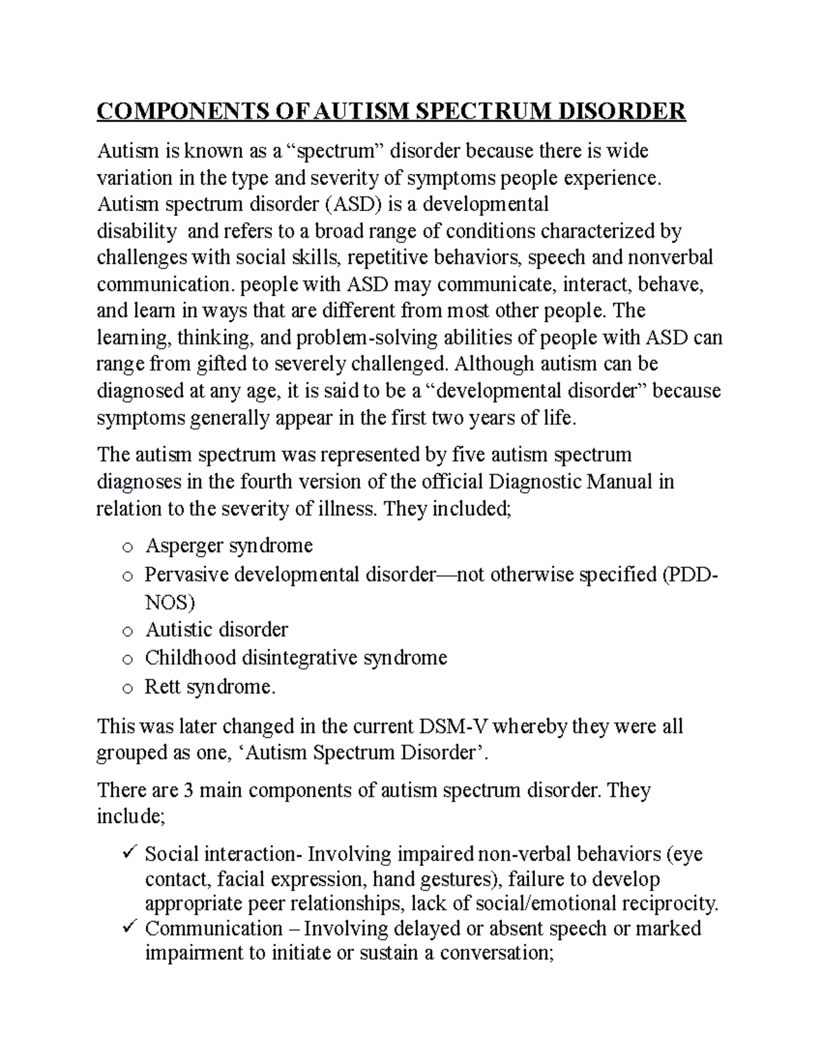 Autism components - Private - COMPONENTS OF AUTISM SPECTRUM DISORDER ...