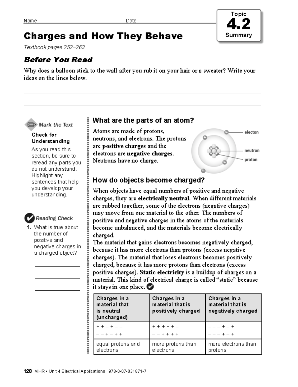 Static electricity packet - Name Date 128 MHR ï Unit 4 Electrical ...